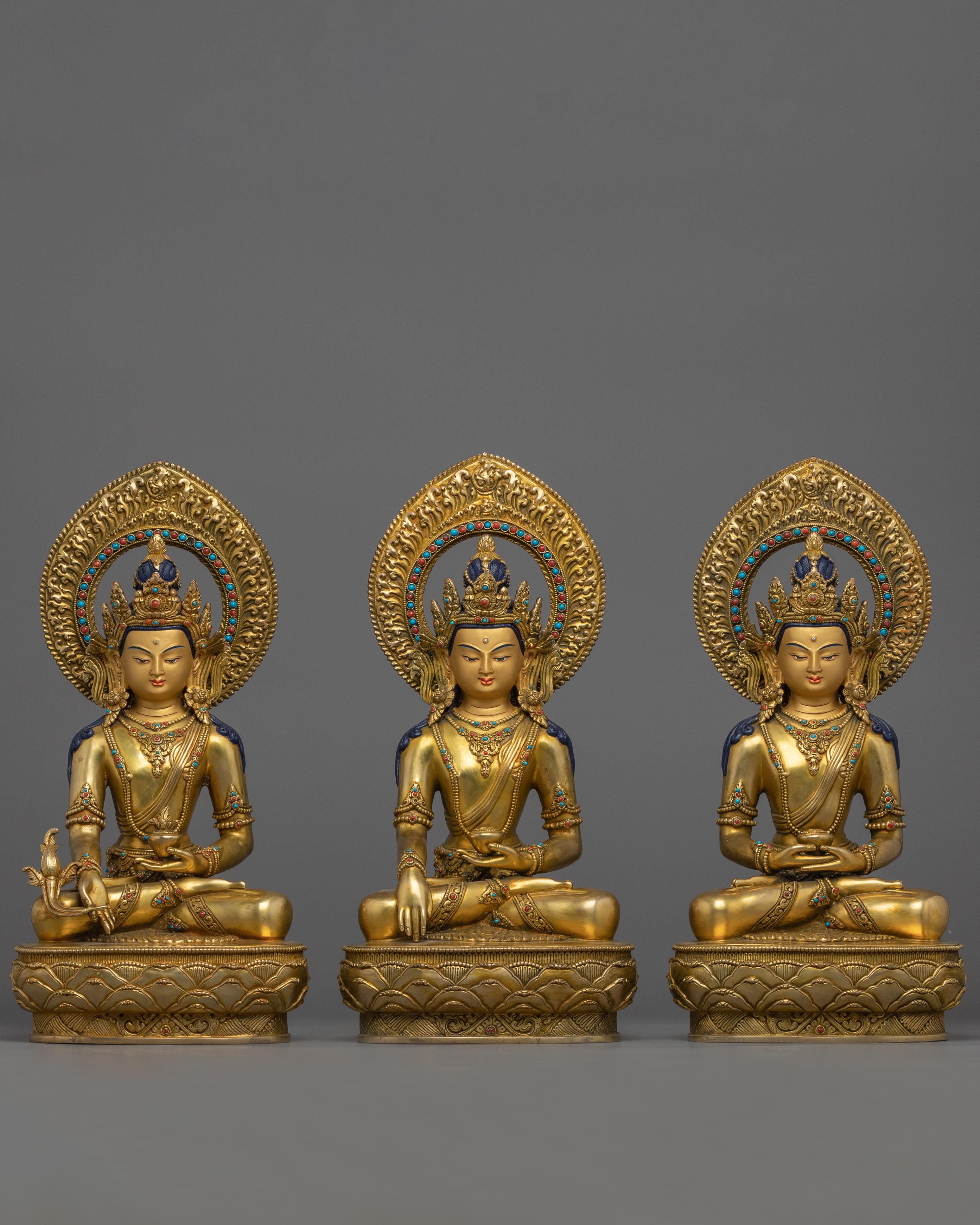 Gold Gilded Three Buddha Statues | Medicine Buddha, Shakyamuni Buddha, Gold Gilded Three Buddha Statues | Medicine Buddha, Shakyamuni Buddha,