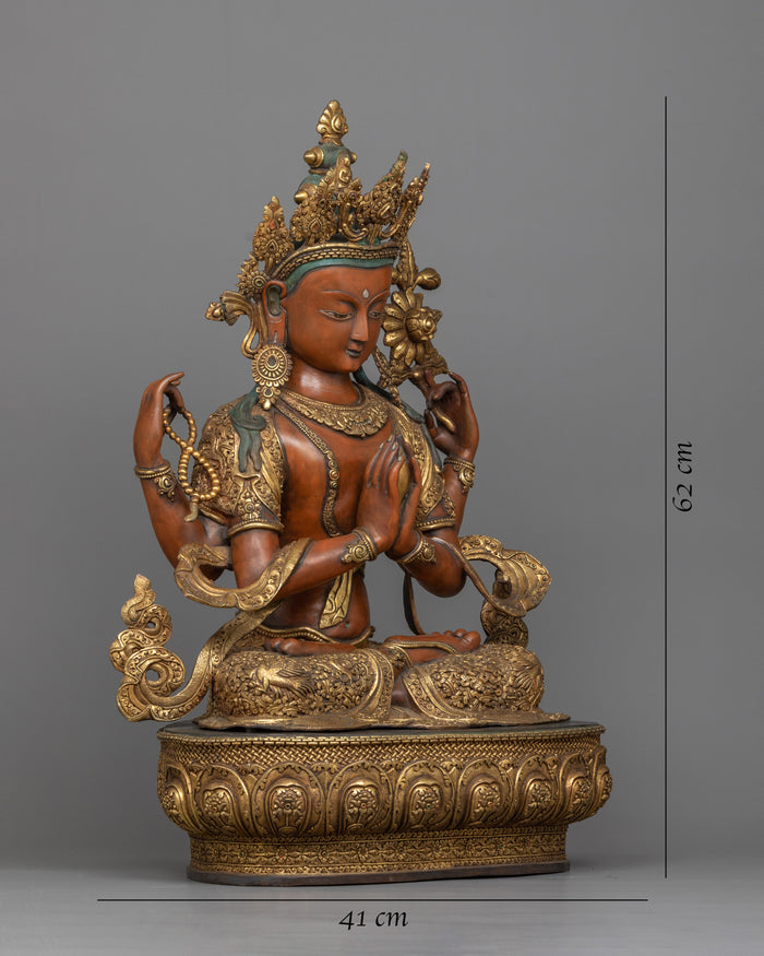 Antique-Finished Red Chenrezig Statue | Himalayan Buddhist Sculpture
