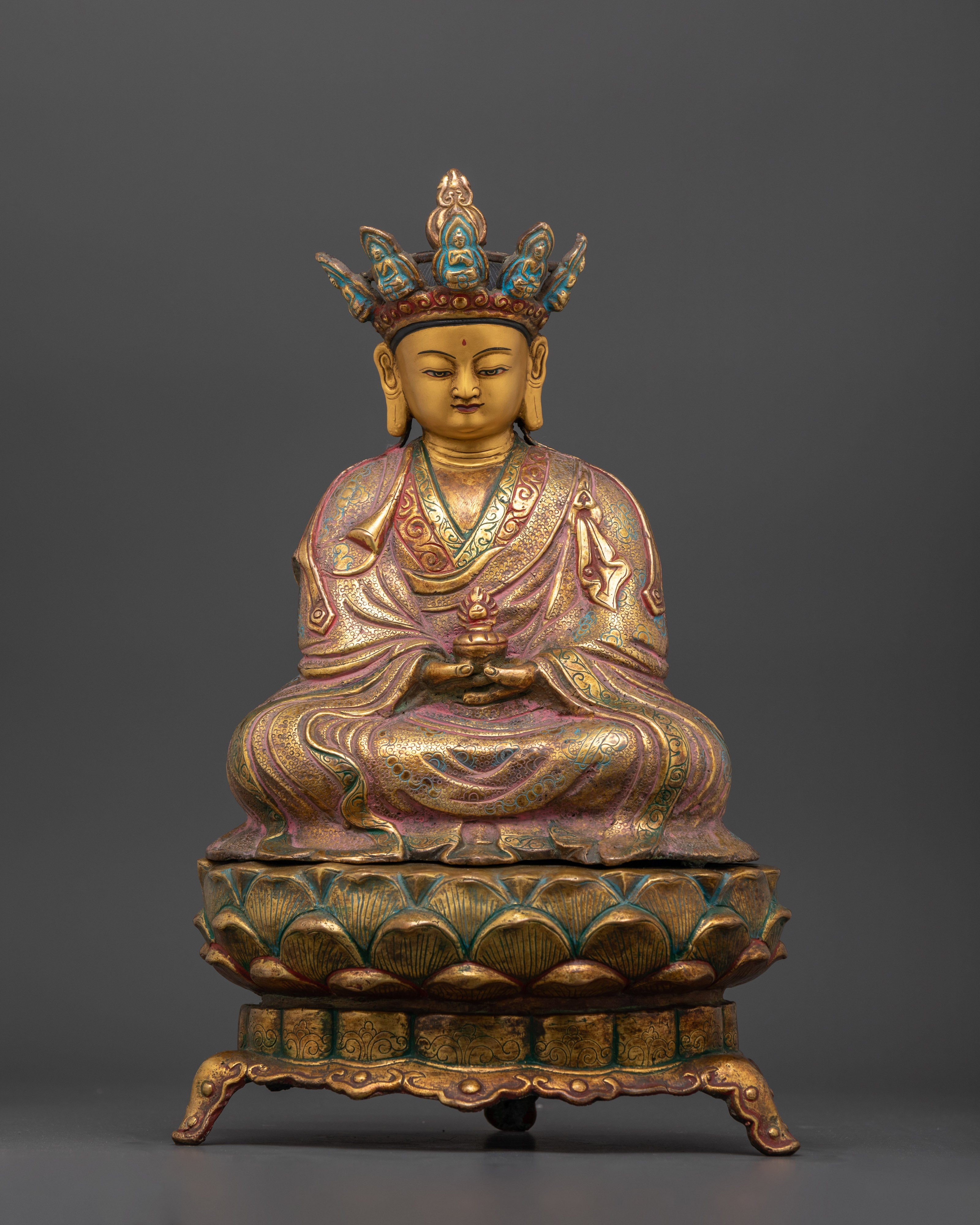 Asian-Made Sacred Buddhist Master Statue | Antique Finished Gold Gilde