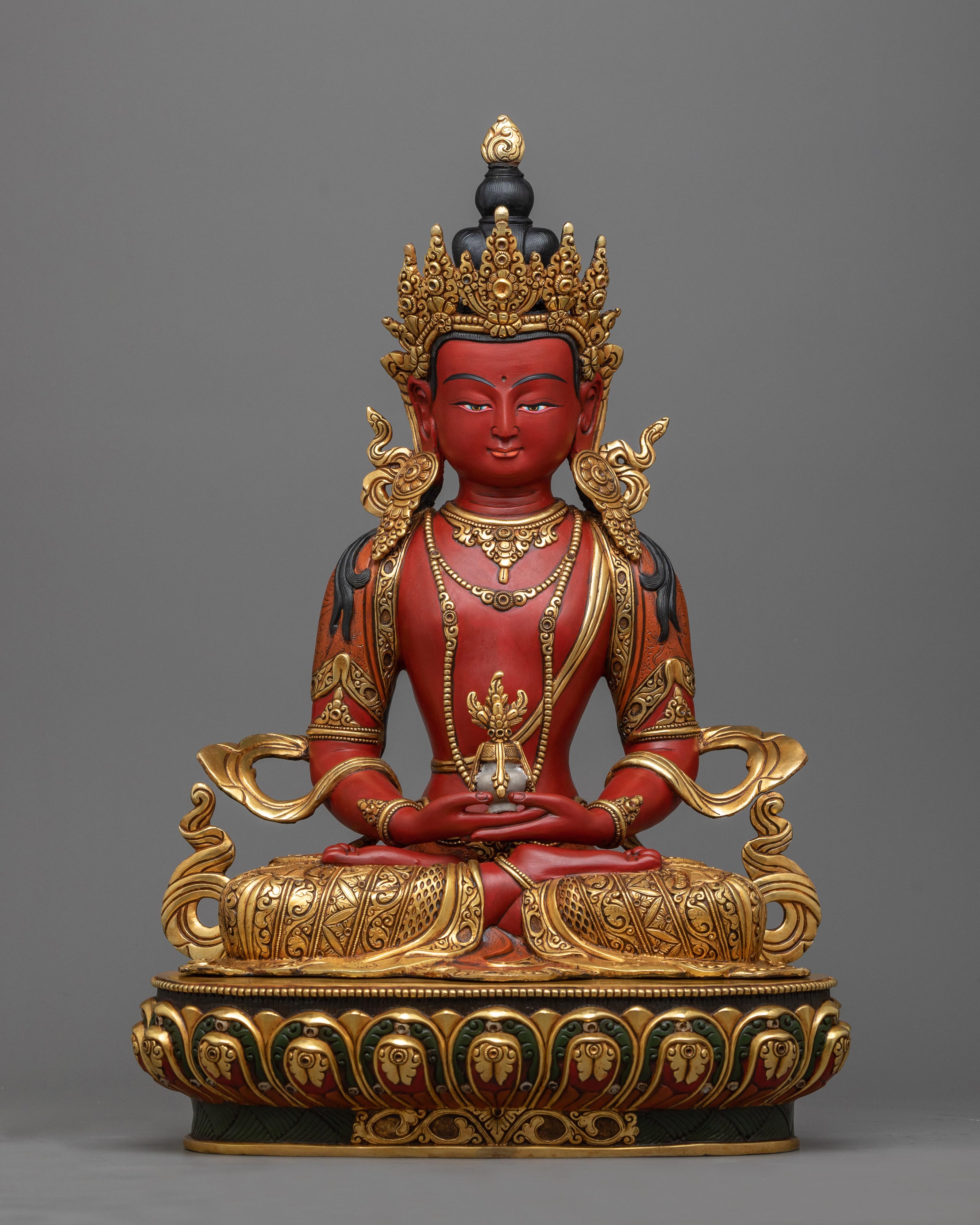 Immortal Radiance Amitayus Red Sculpture | 24K Gold Gilded Symbol of L