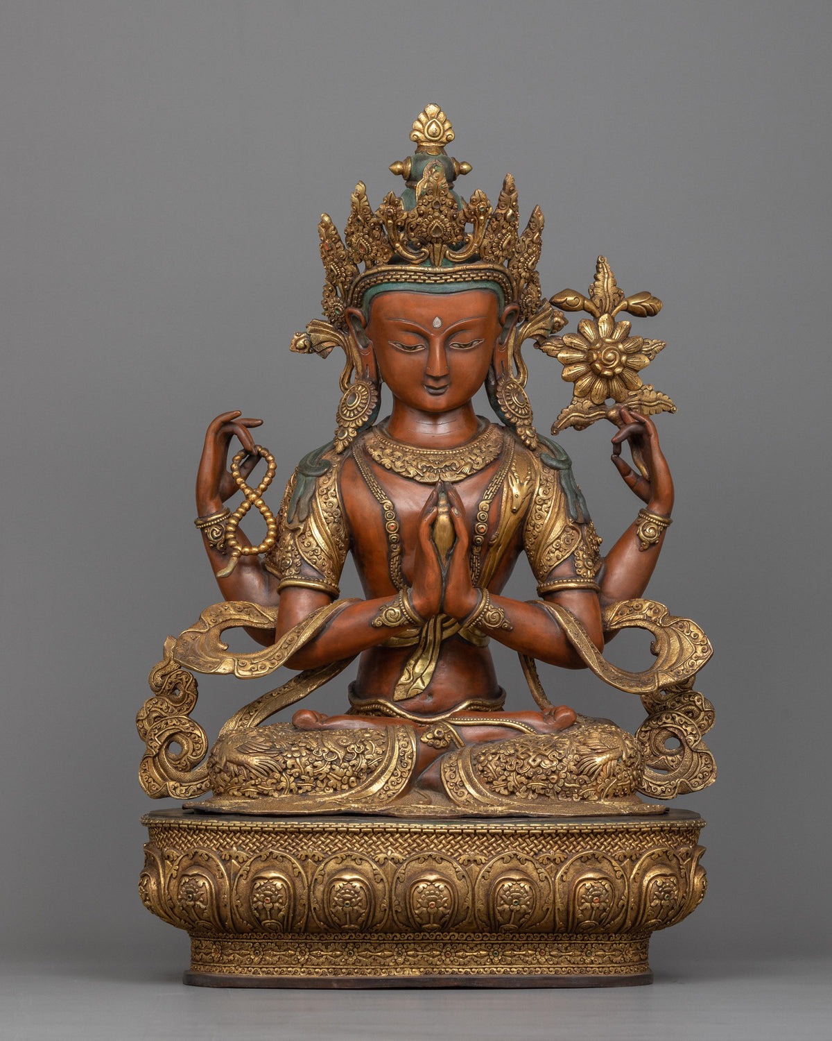 Antique-Finished Red Chenrezig Statue | Himalayan Buddhist Sculpture
