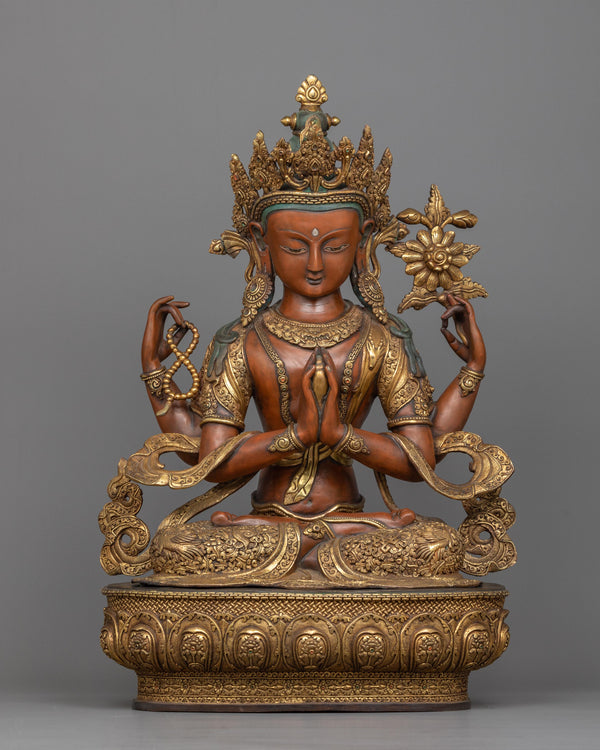 Antique-Finished Red Chenrezig Statue | Himalayan Buddhist Sculpture