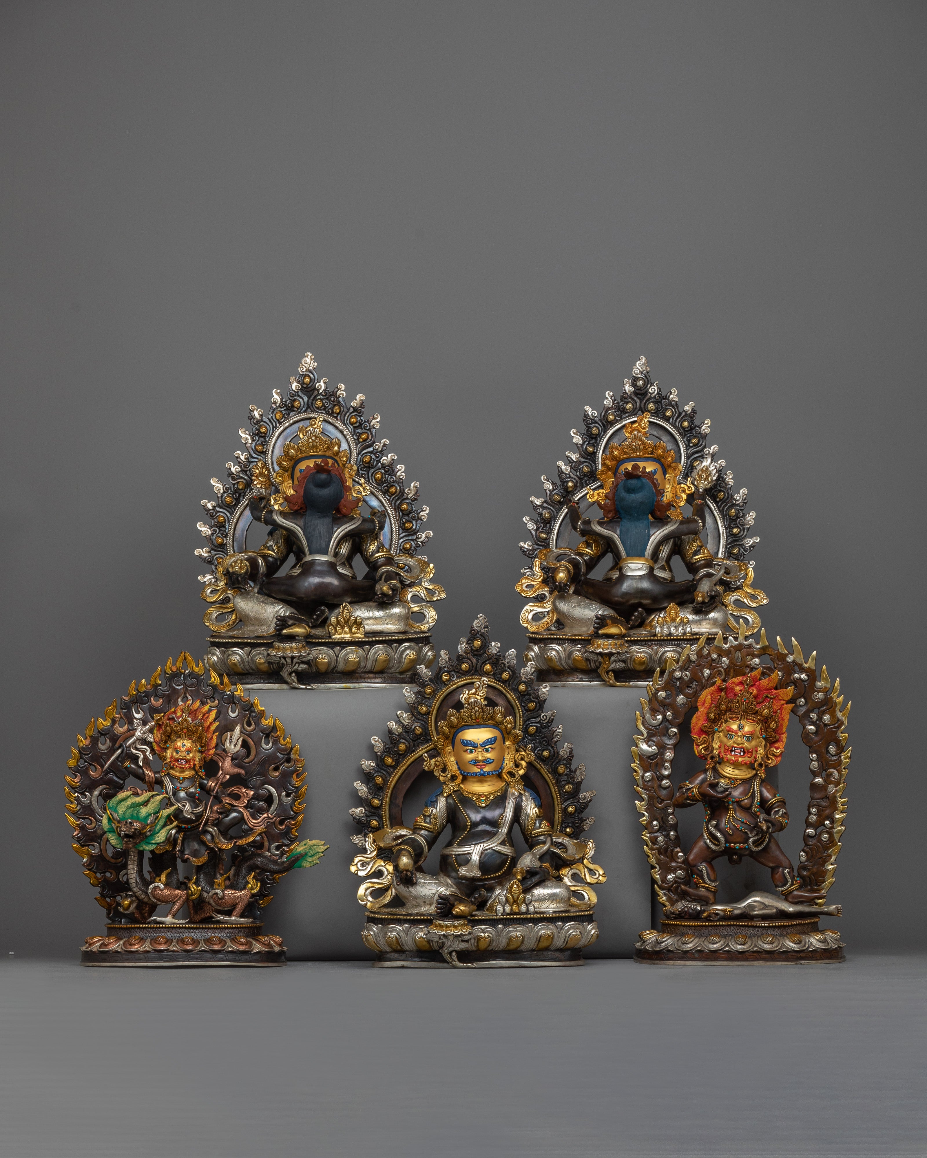 Five Dzambhala Set | Silver Plated and Oxidized Copper Ensemble of Wea