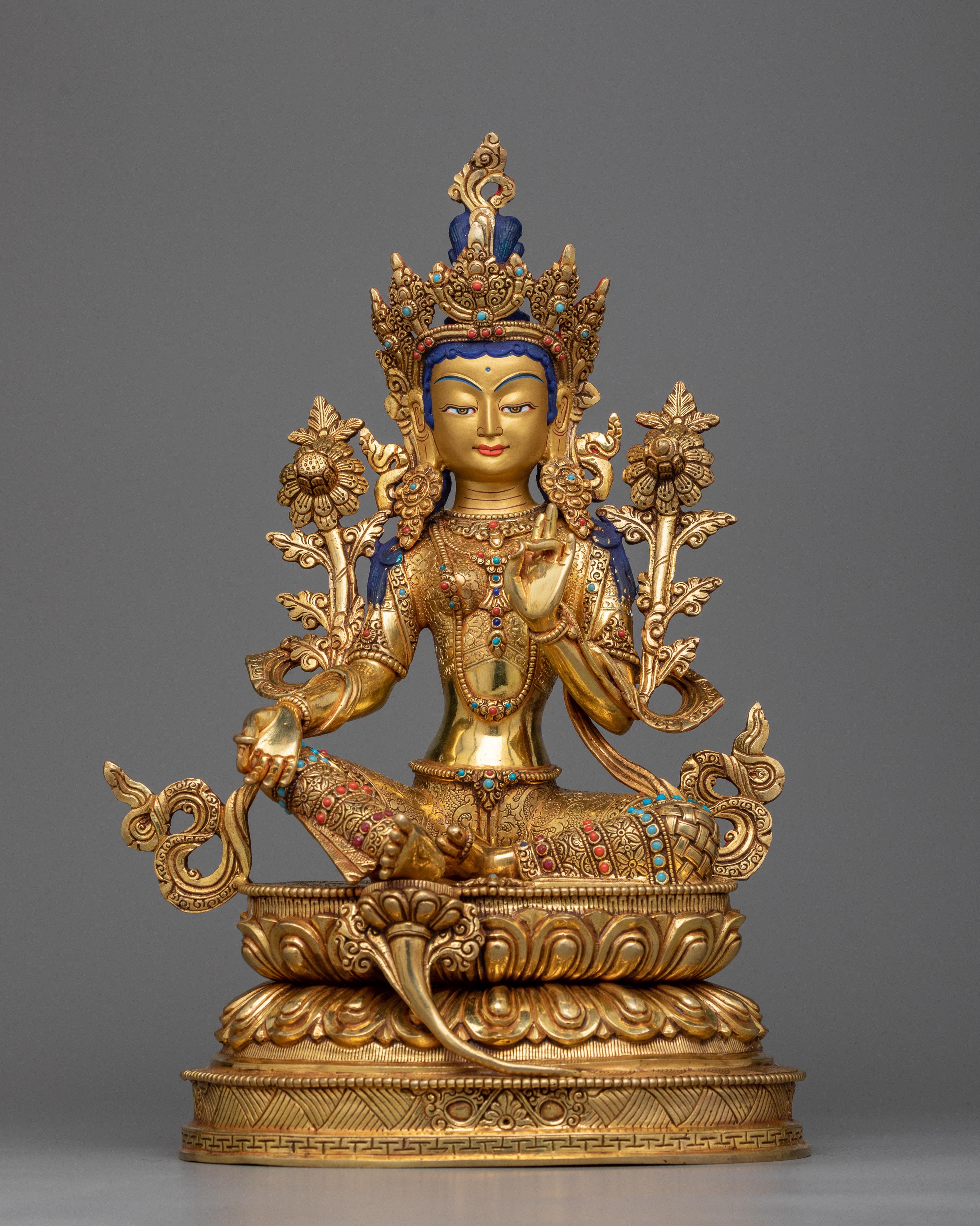 Buddhism Green Tara Sculpture | 24K Gold Gilded Representation of Comp