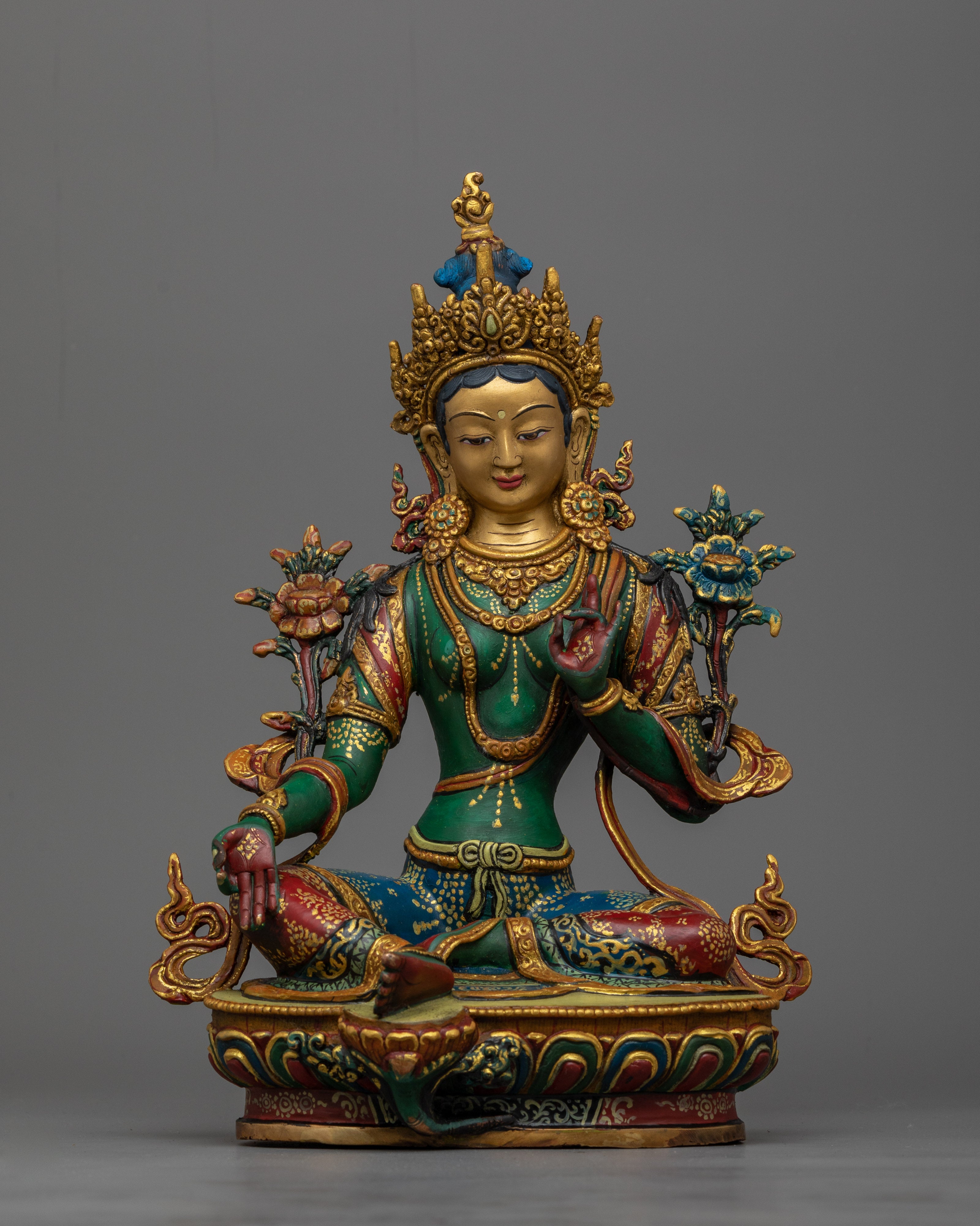 Painted Green Tara Statue | Embodying Compassion and Spiritual Grace