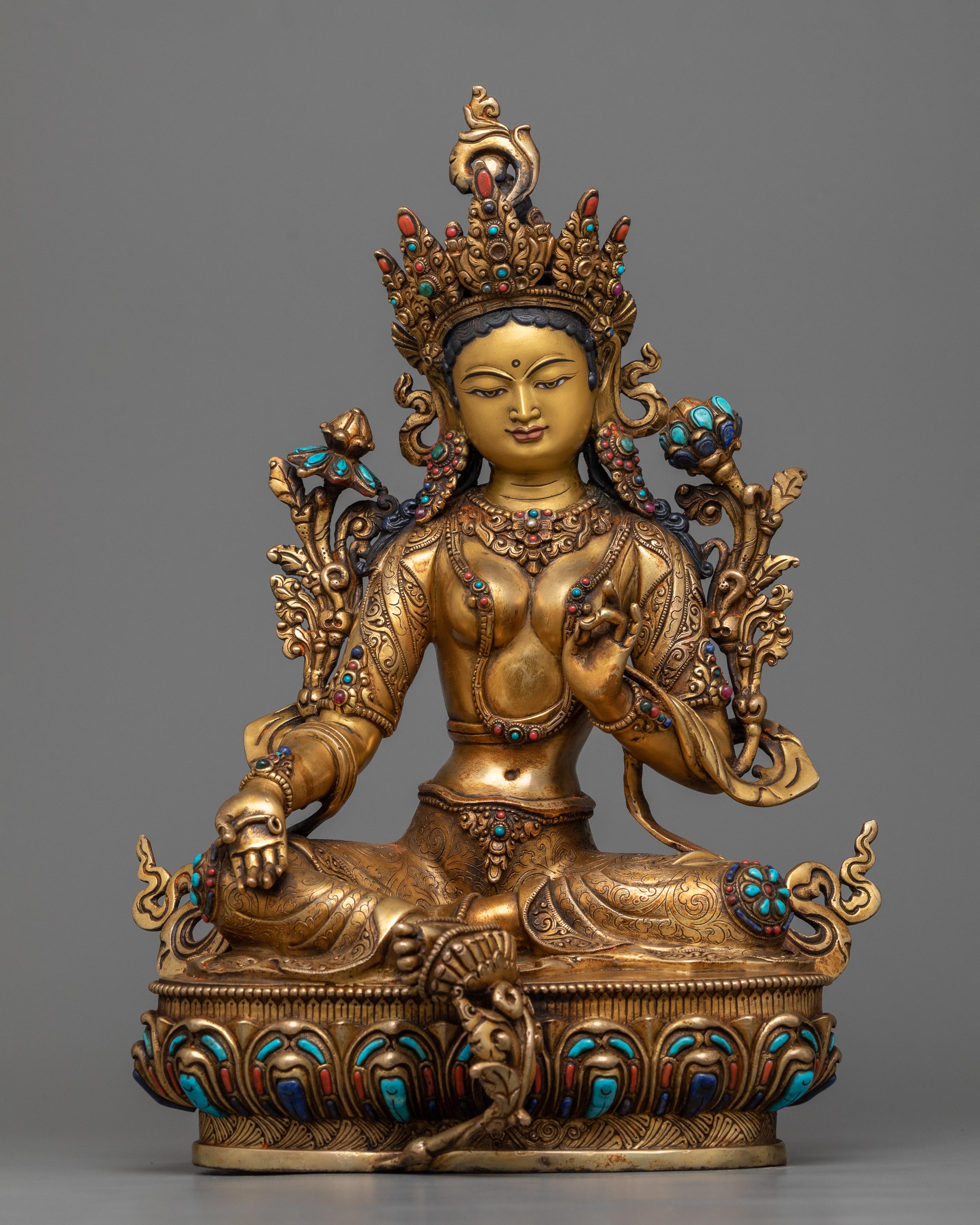 Green Tara buda in 24K Gold Antique Finished | Traditional Himalayan A