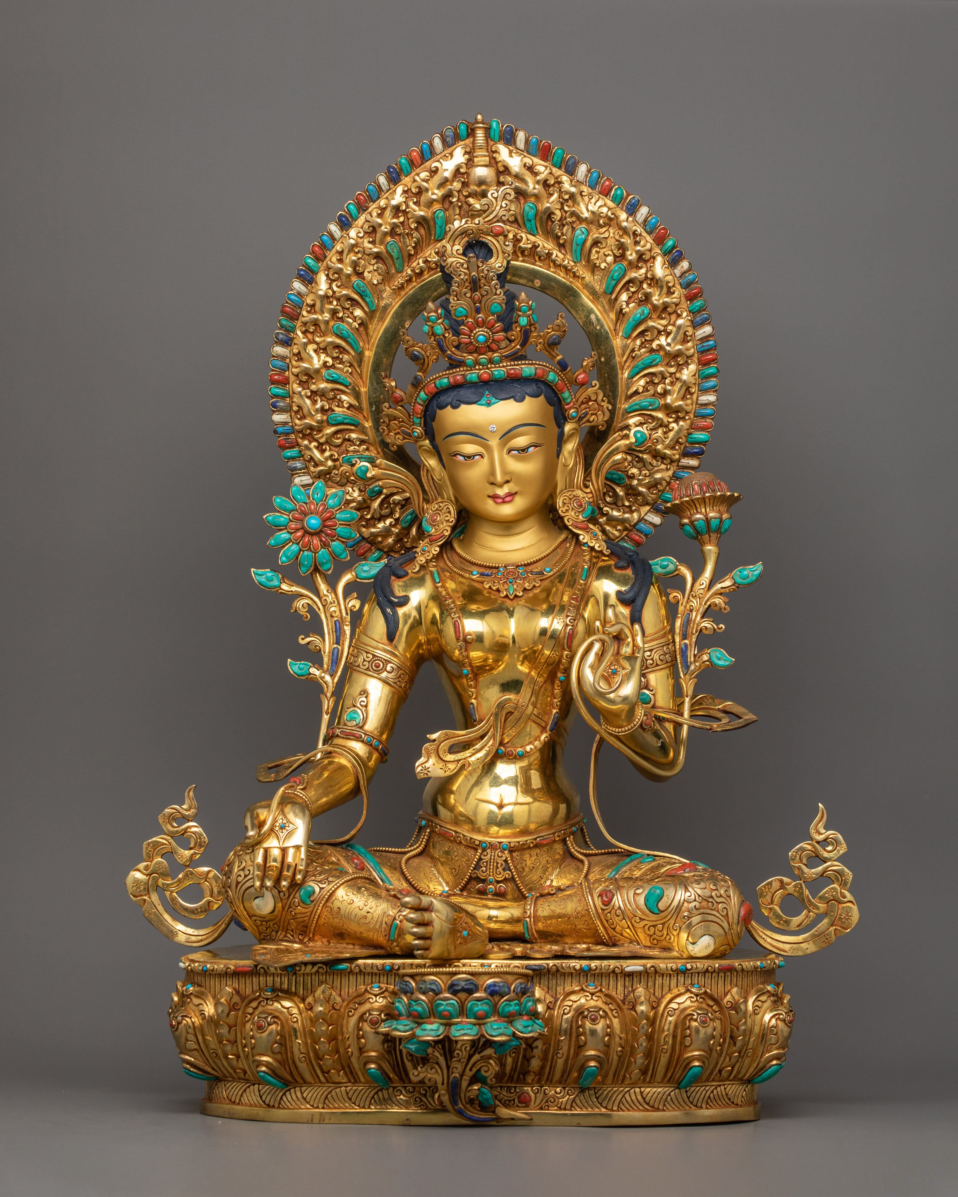 Green Tara Sculpture on Her Lotus Throne | Himalayan Goddess Tara