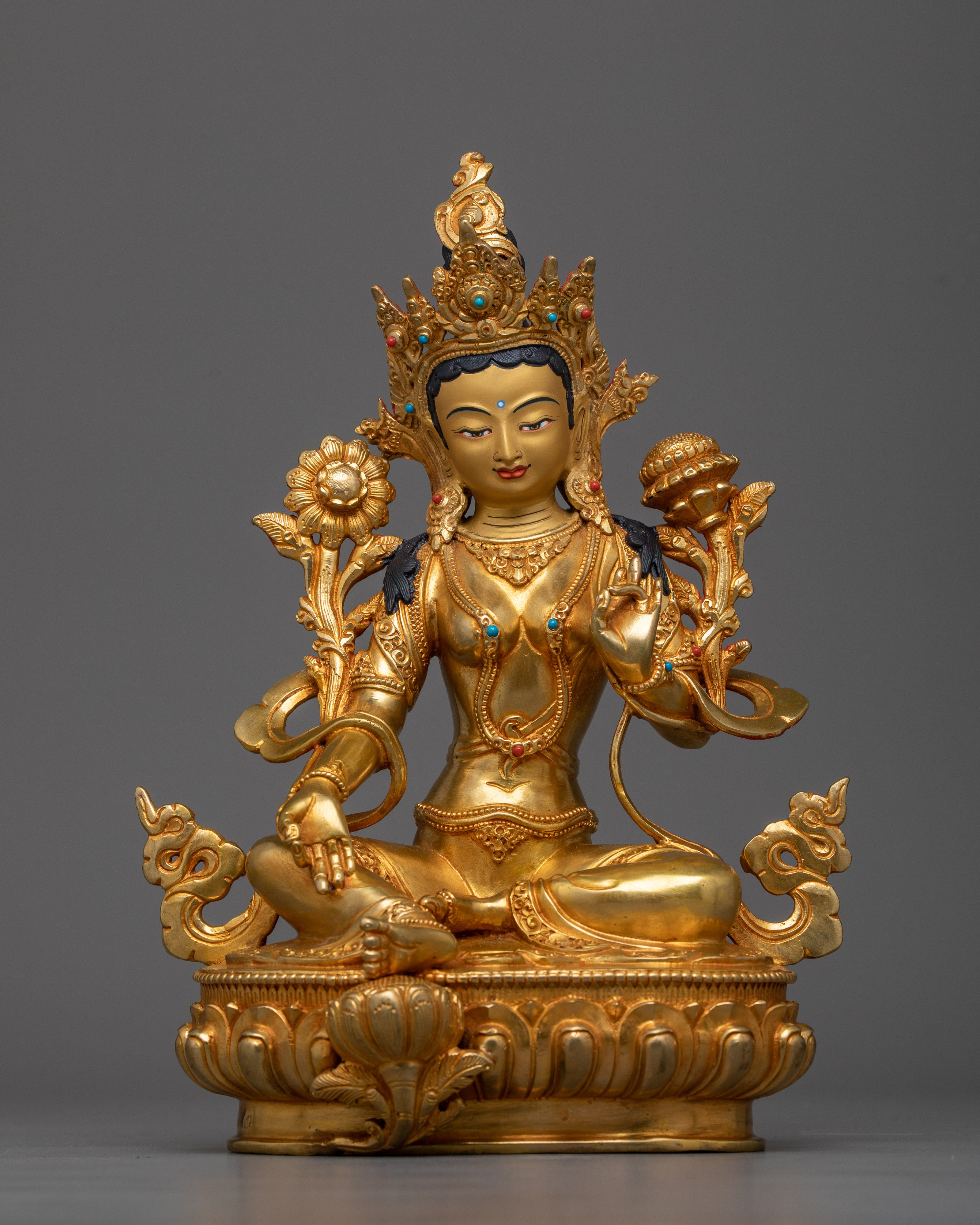 Green Tara Gold-Gilded Goddess Statue | A Beacon of Compassion and Pro