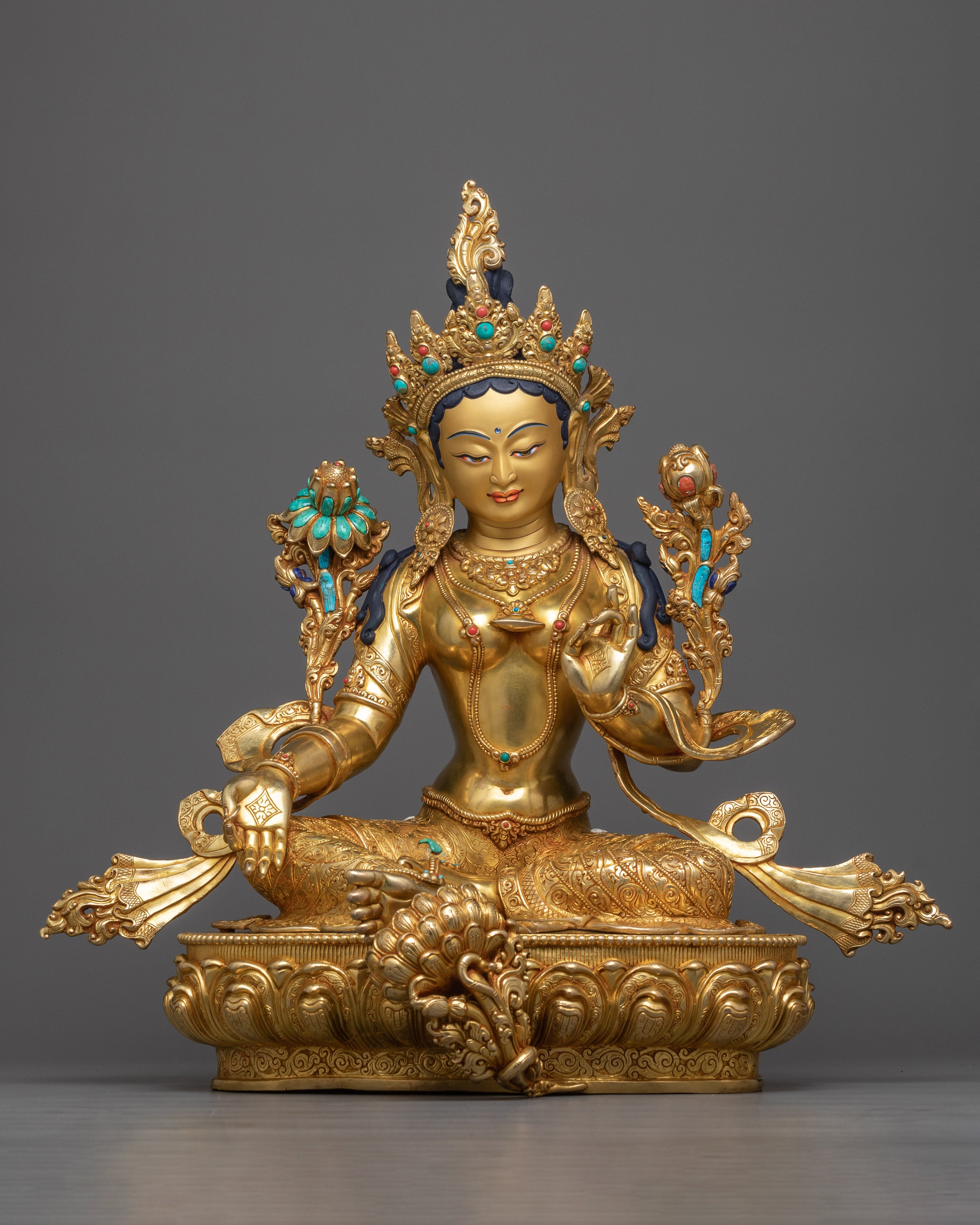 Green Tara Bosatsu Statue | 24K Gold Gilded with Gemstones | Japanese