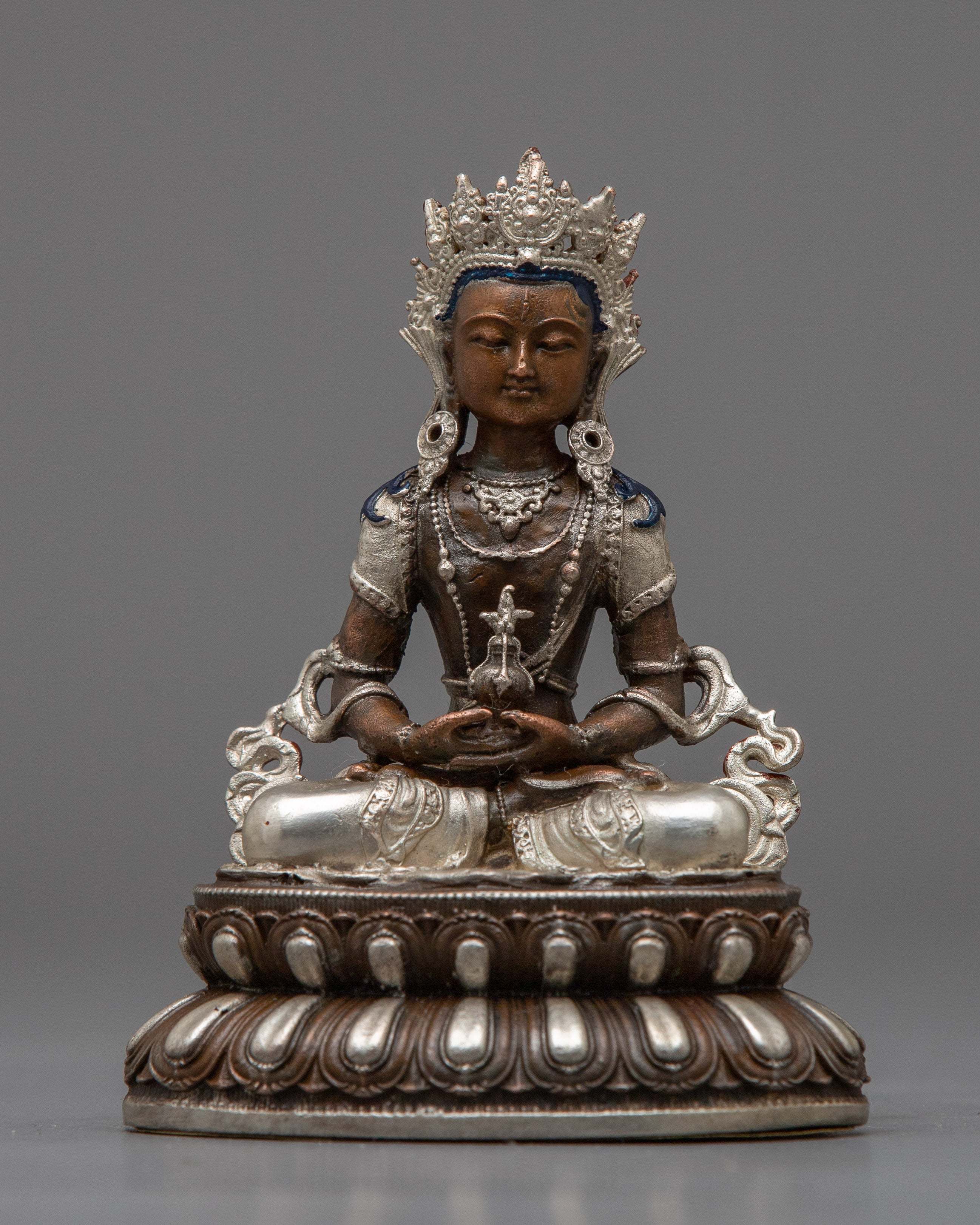 Machine-Made Amitayus Statue | Silver-Plated Oxidized Copper