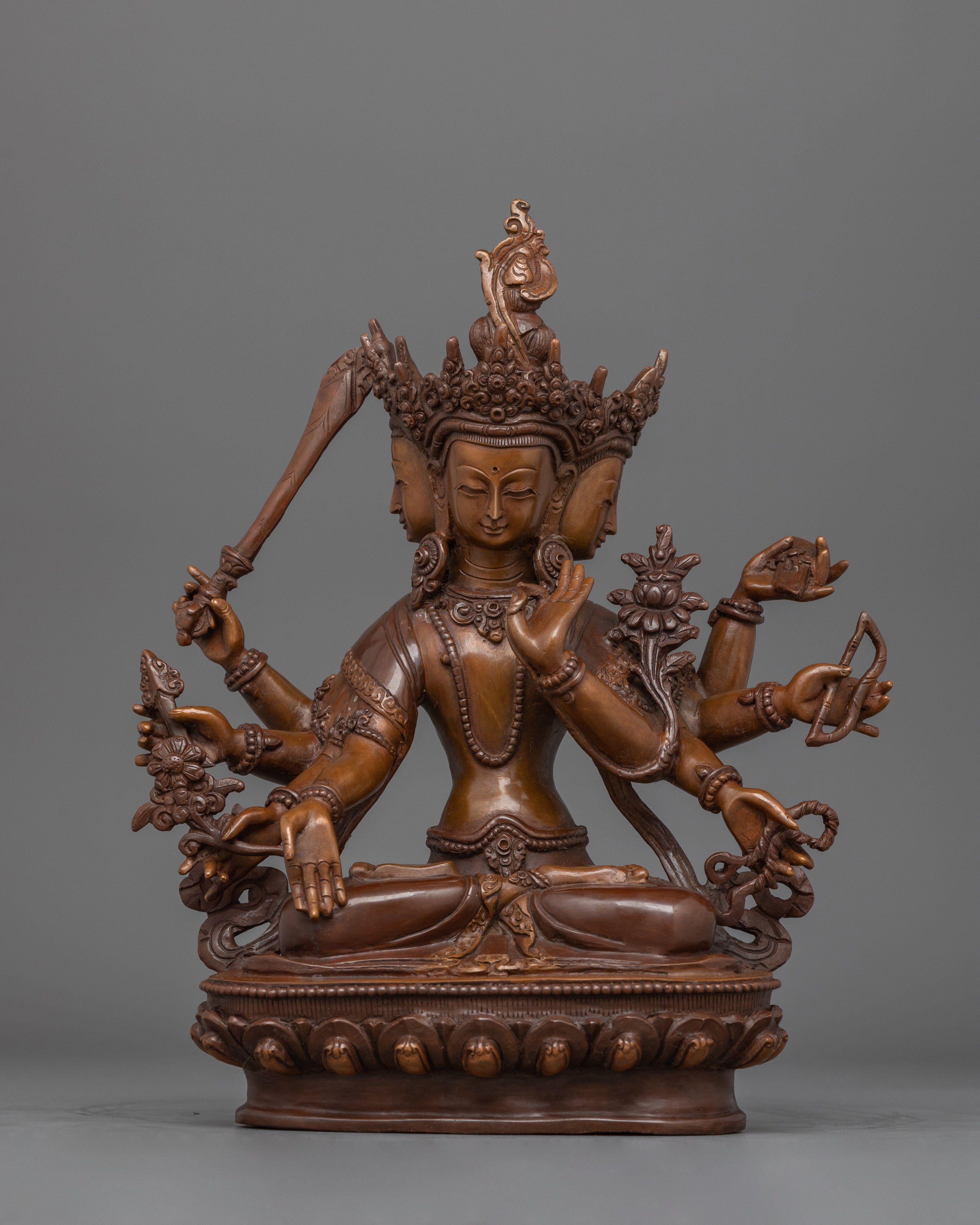 Traditional Tri- Faced Maha Manjushri Sculpture | Religious Himalayan