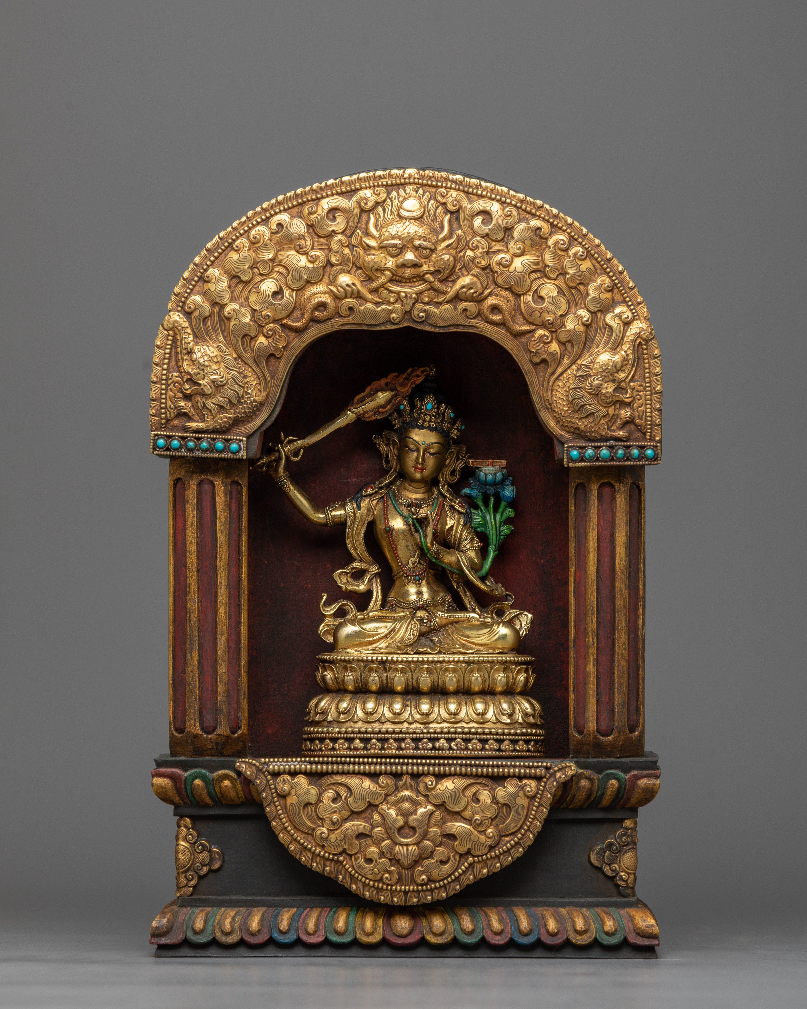 Manjushri in Wooden Cave Statue | Symbol of Wisdom and Enlightenment