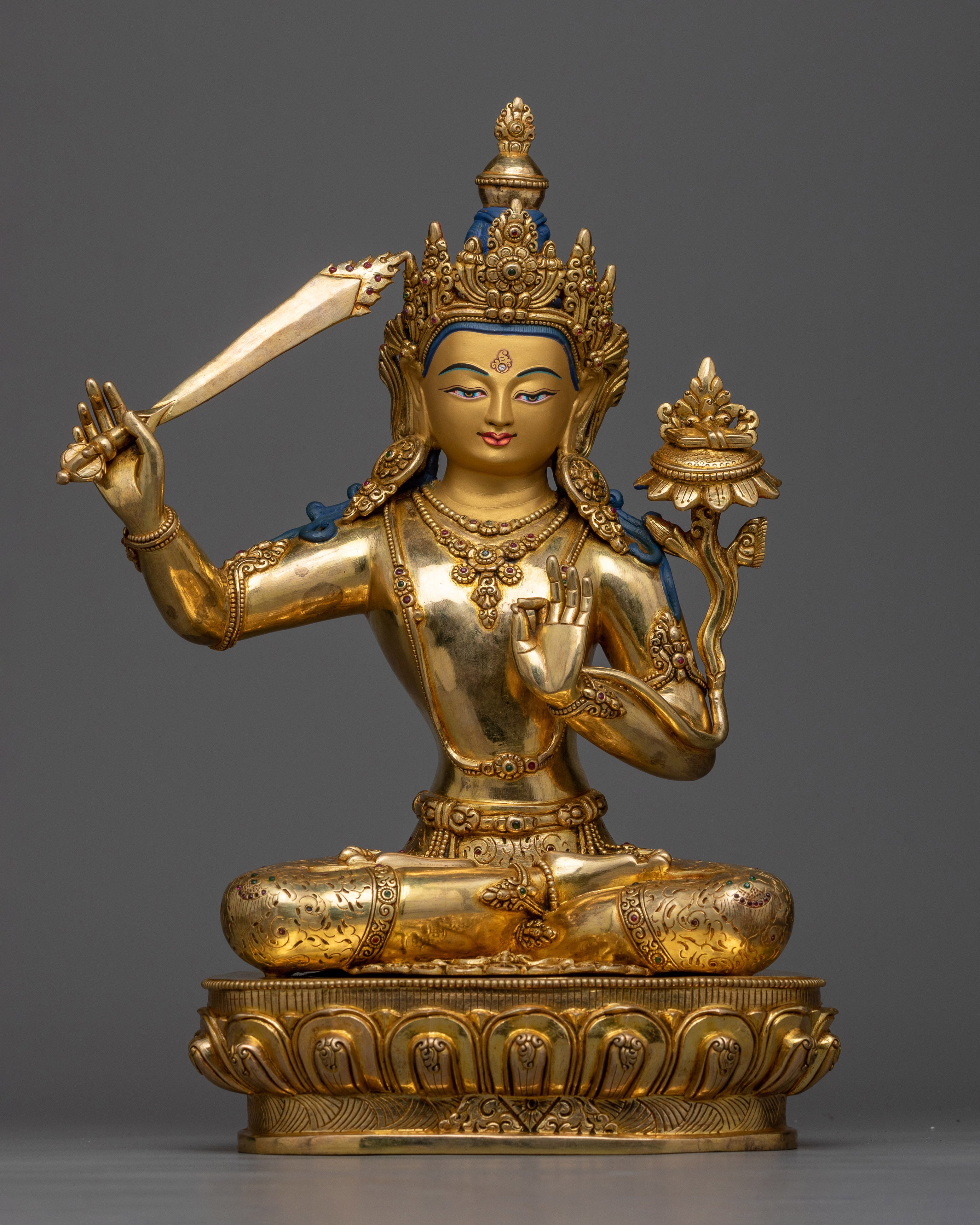 Radiant Monju Sculpture in 24K Gold | Wisdom Deity Manjushri