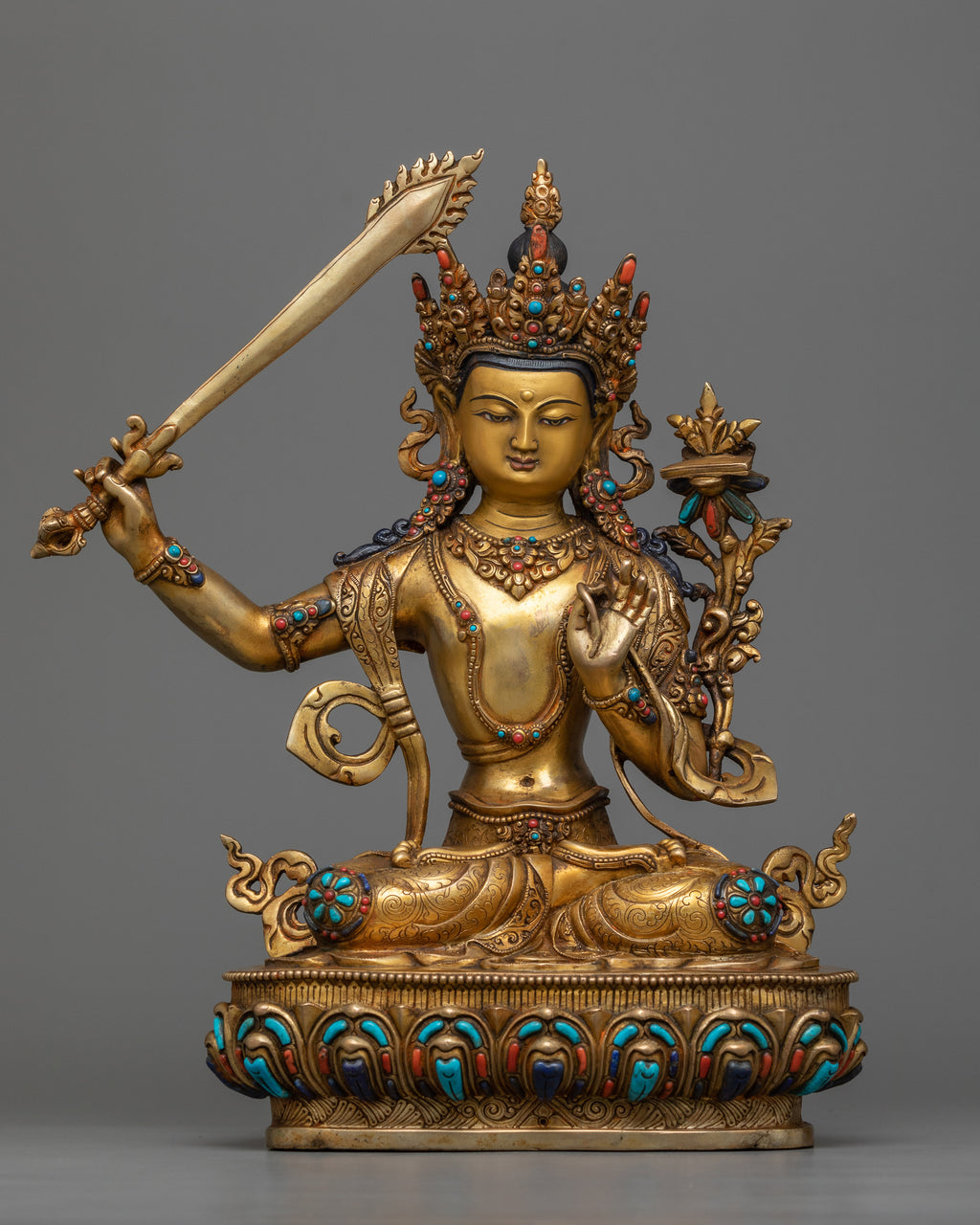 Monju Statue in 24K Gold | Embodiment of Wisdom