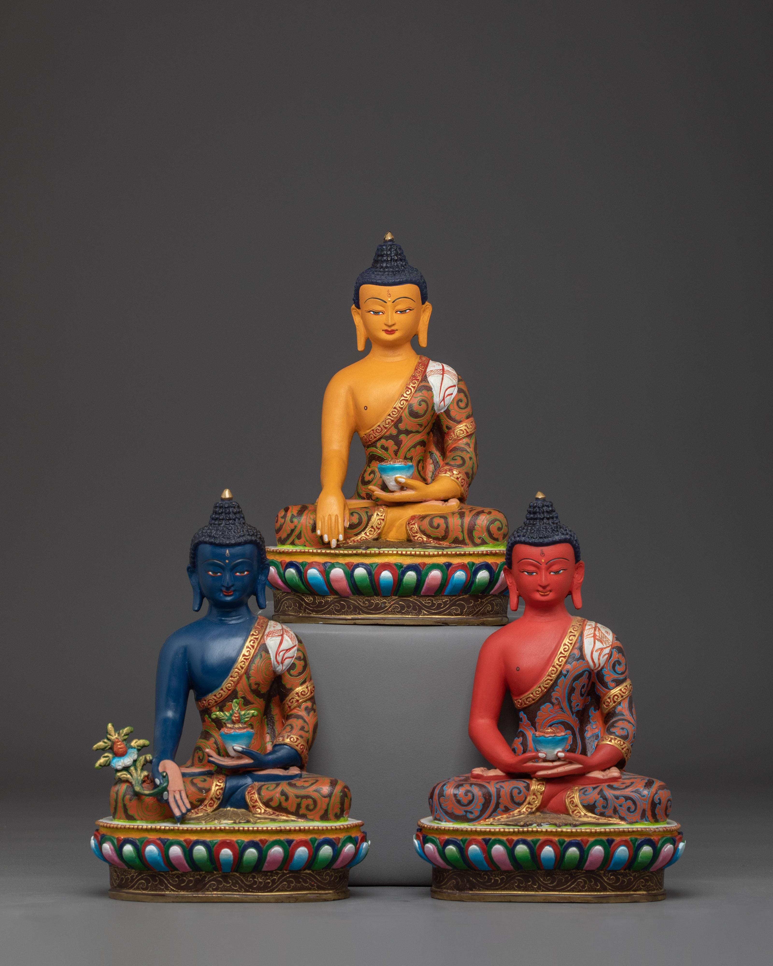 Colorful Three Buddha Statue Set | Wisdom and Peace Decor