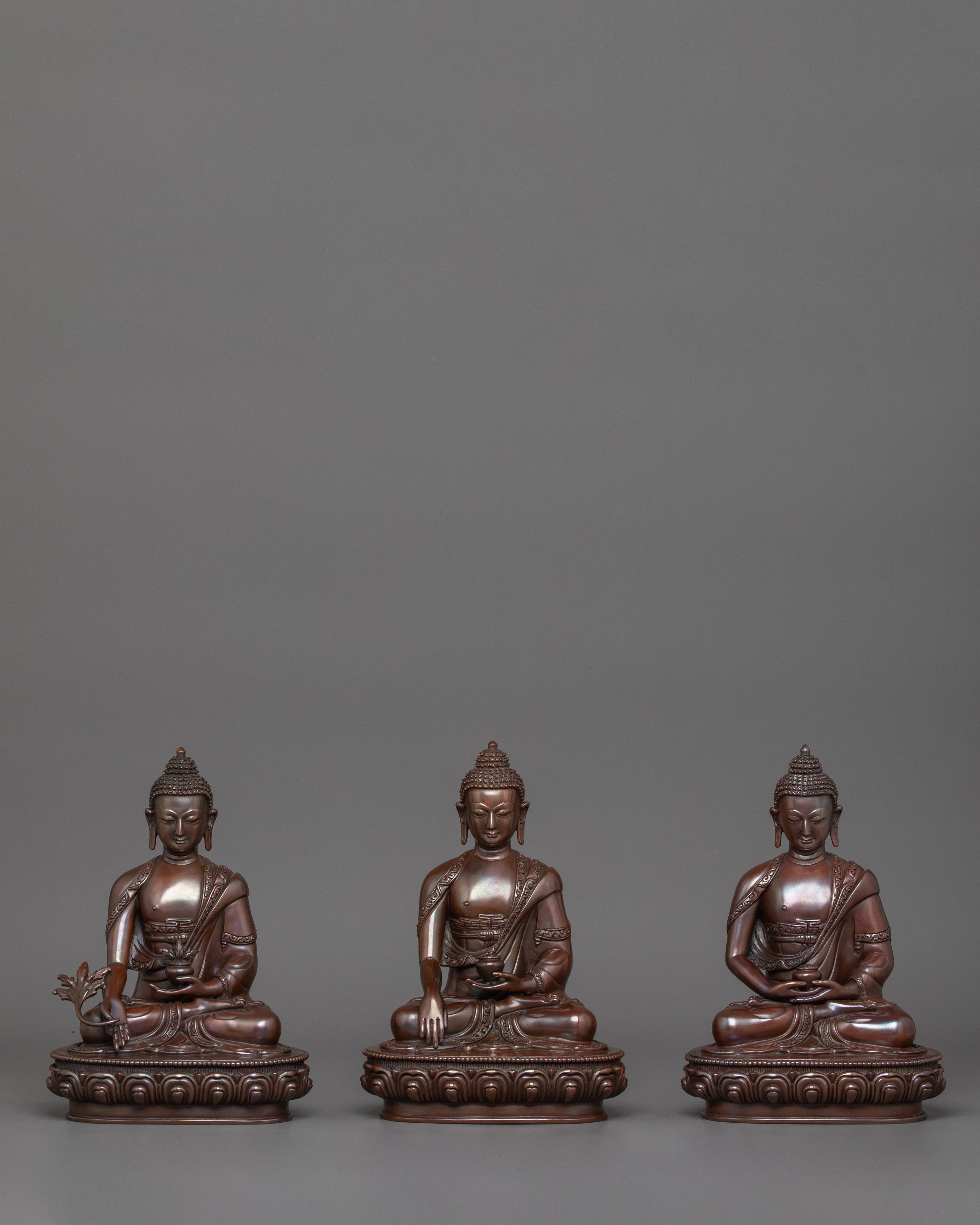 Three Buddha Set with Oxidized Body | Three Main Buddhas Sculpture
