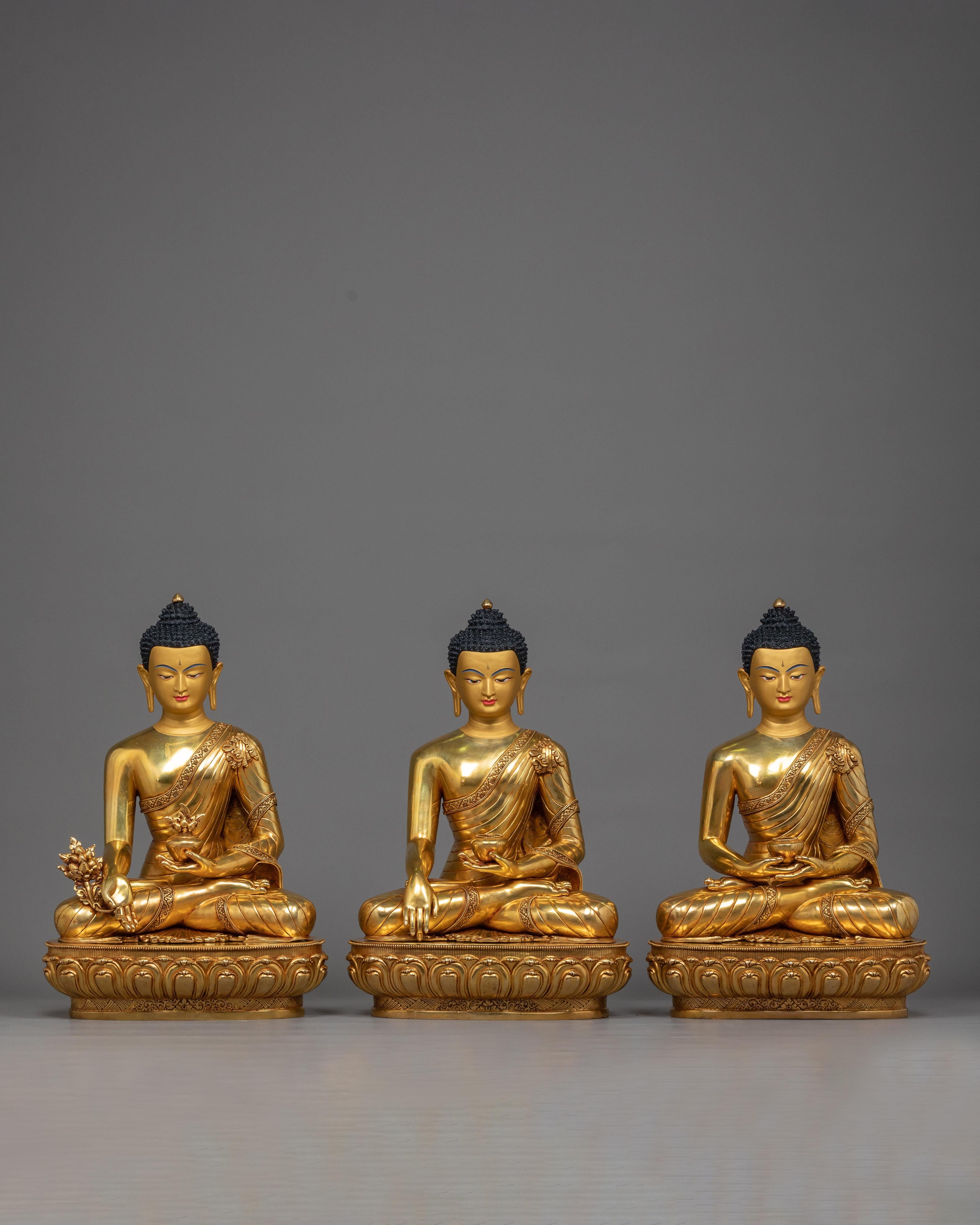 Three-Buddha Copper Statue Set | Trinity of Enlightenment