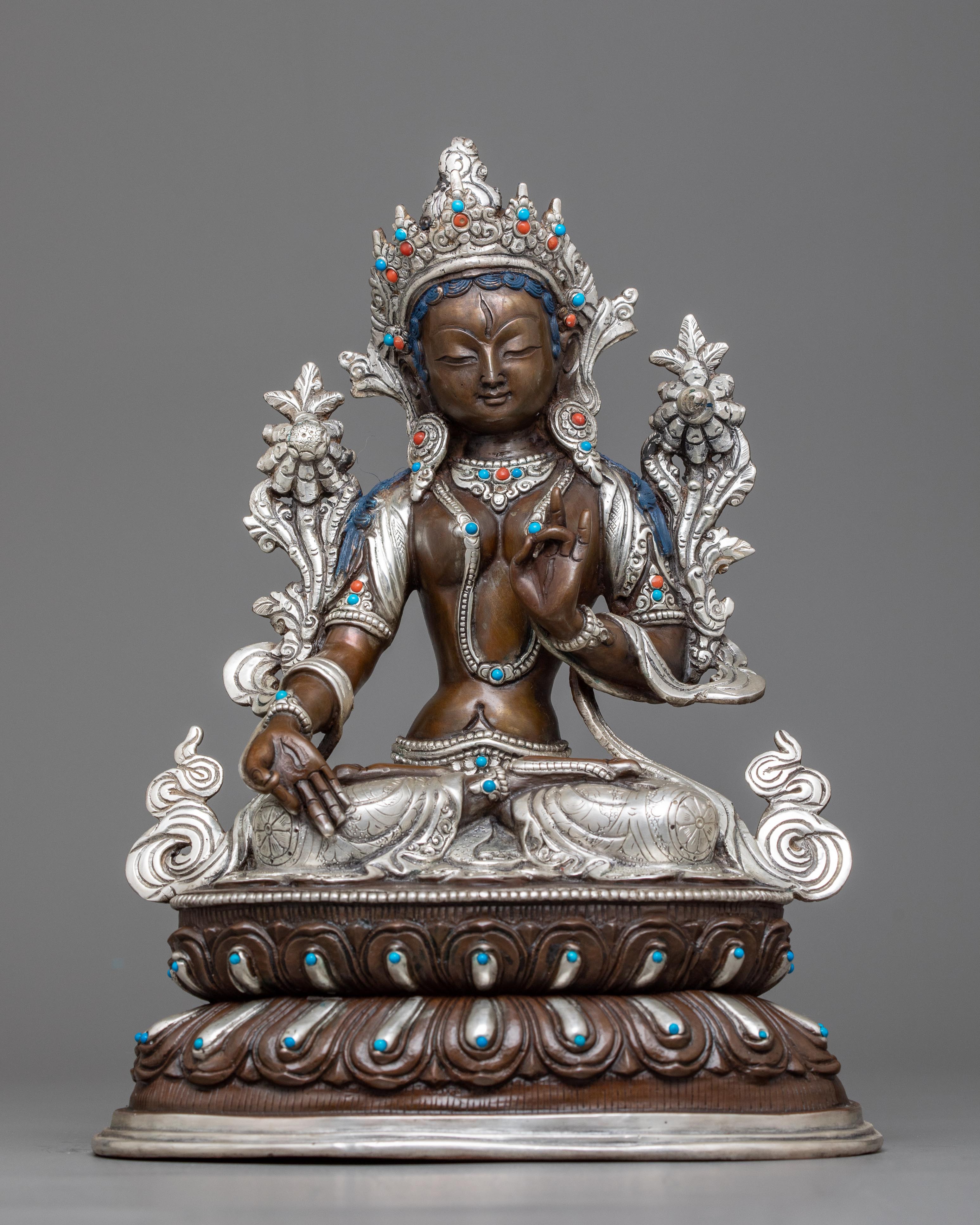White Tara Chocolate Oxidized Statue in Silver | A Vision of Compassio