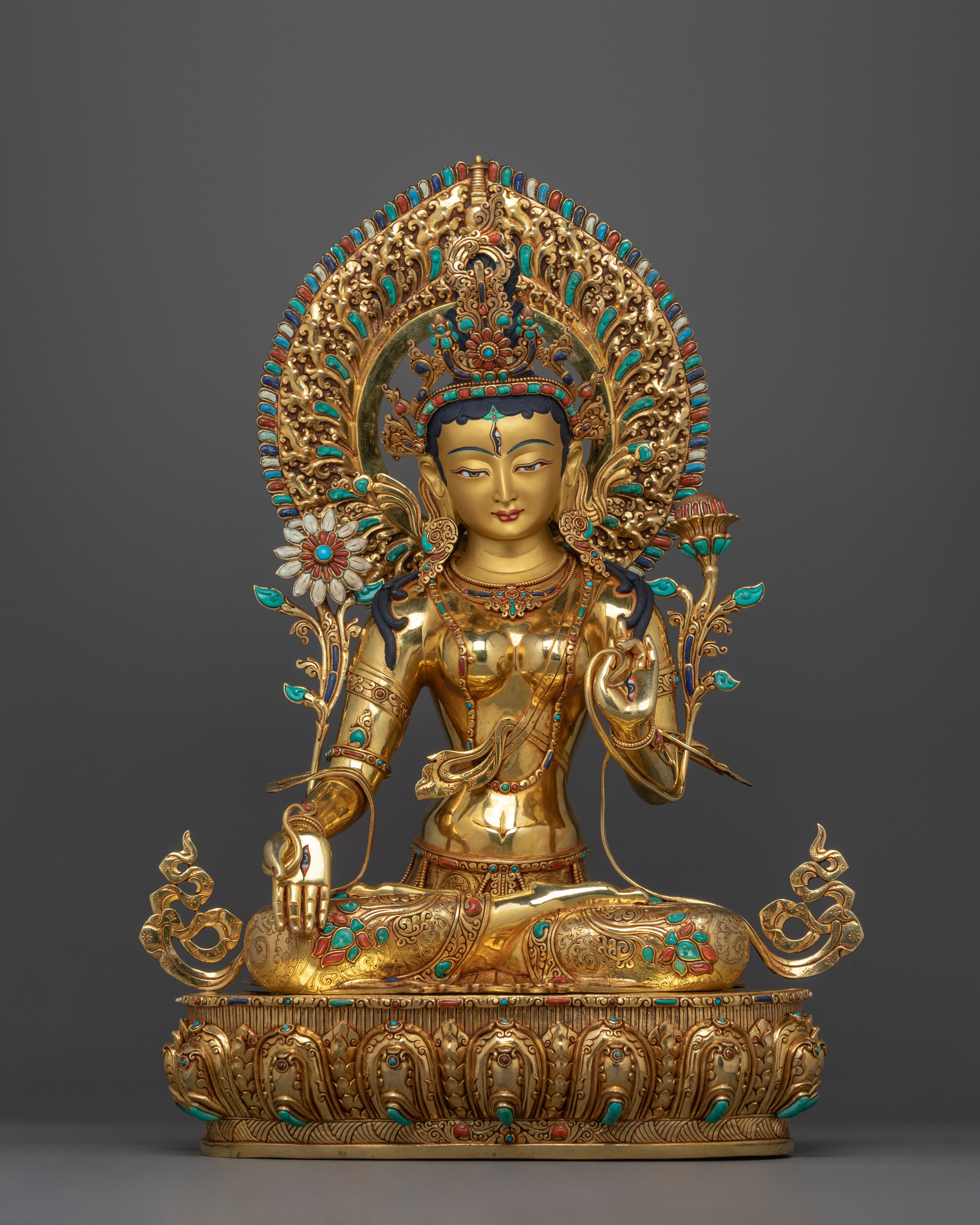 Hand-Carved White Tara Dharma Figure | 24K Gold Gilded Tibetan Sculptu