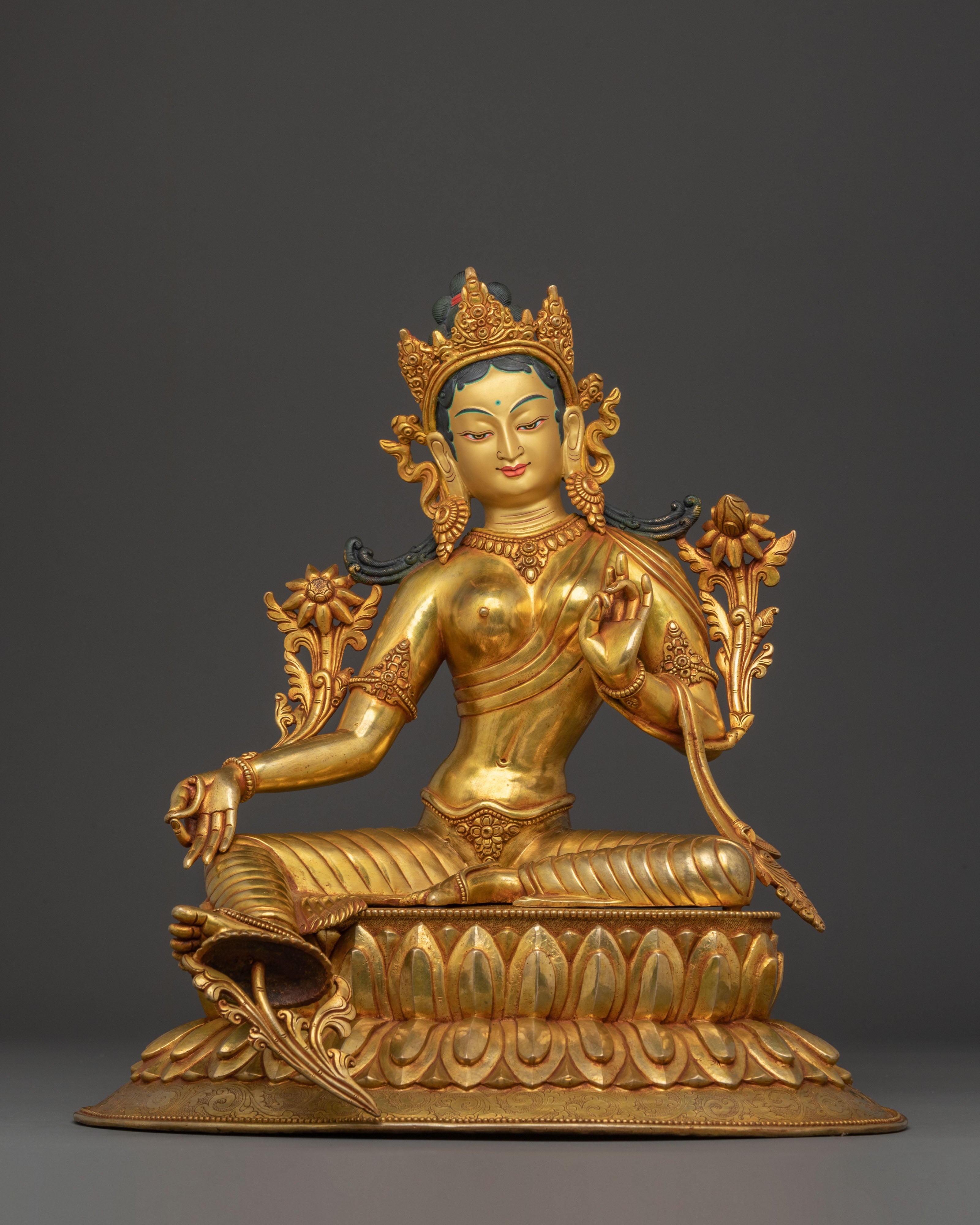 Victorious Green Tara Statue | 24k Gold Gilded Statue