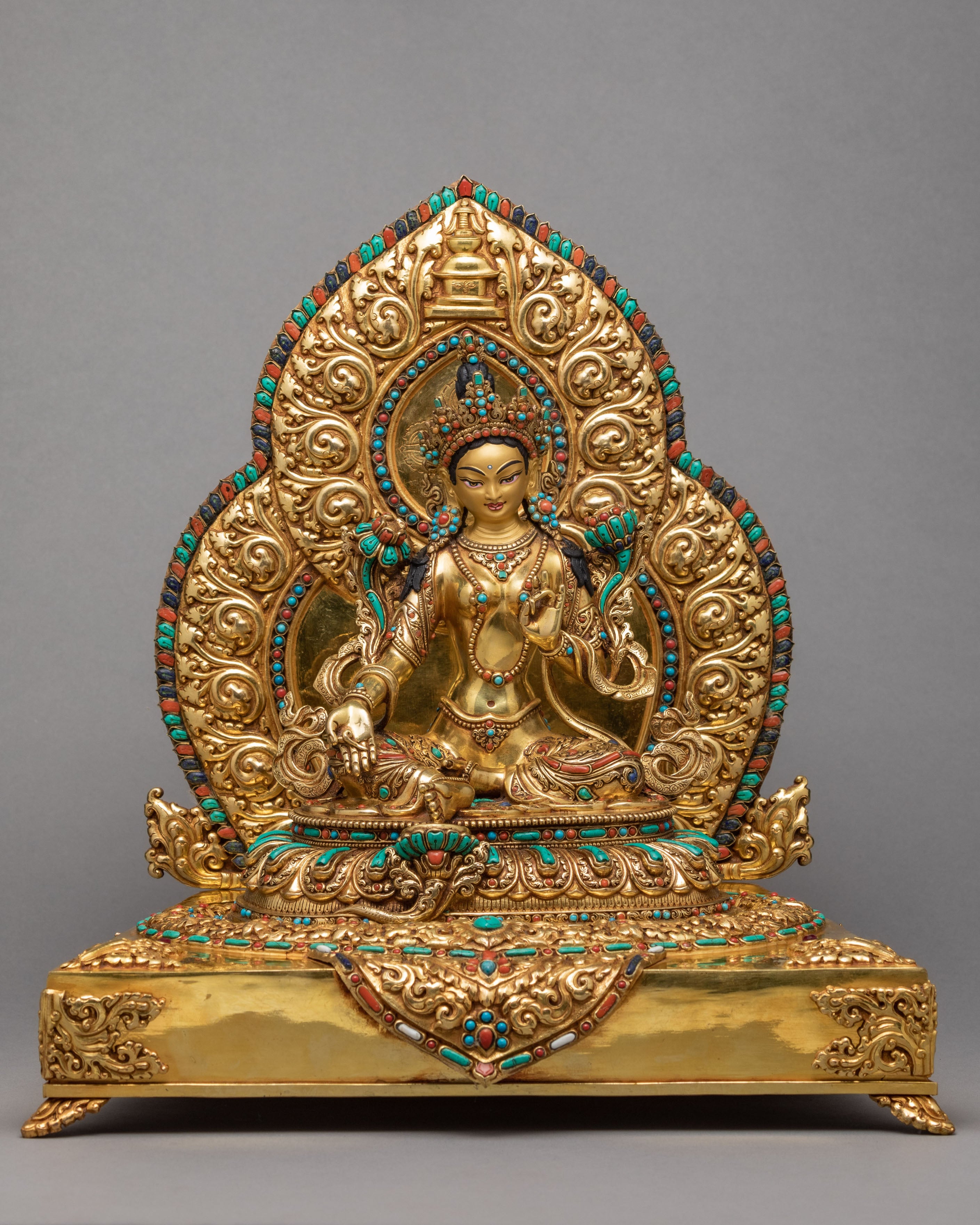 Green Tara on Throne | Traditionally Hand carved Tara Statue