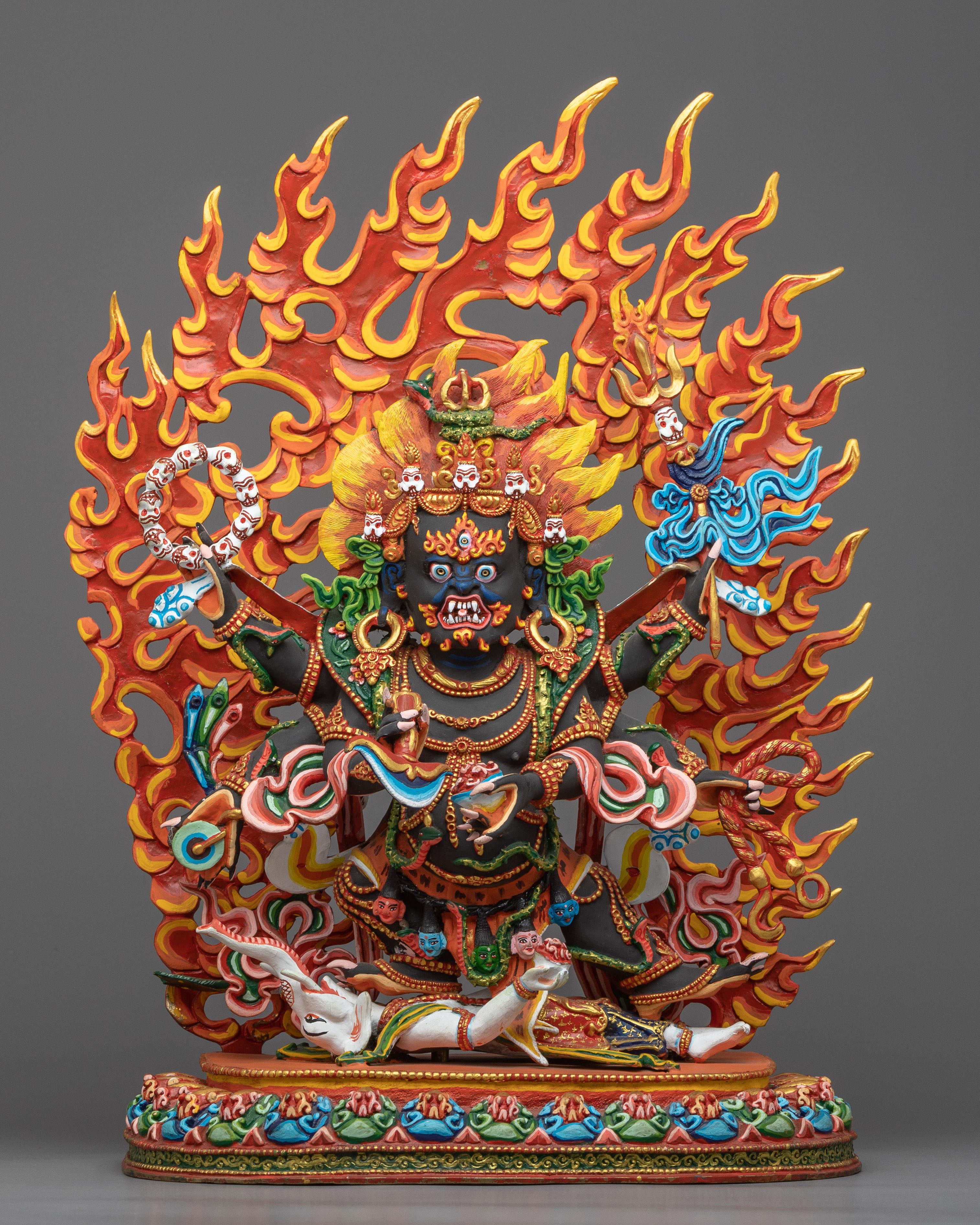Six Armed Mahakala Statue | Exquisitely Rich Acrylic Painted