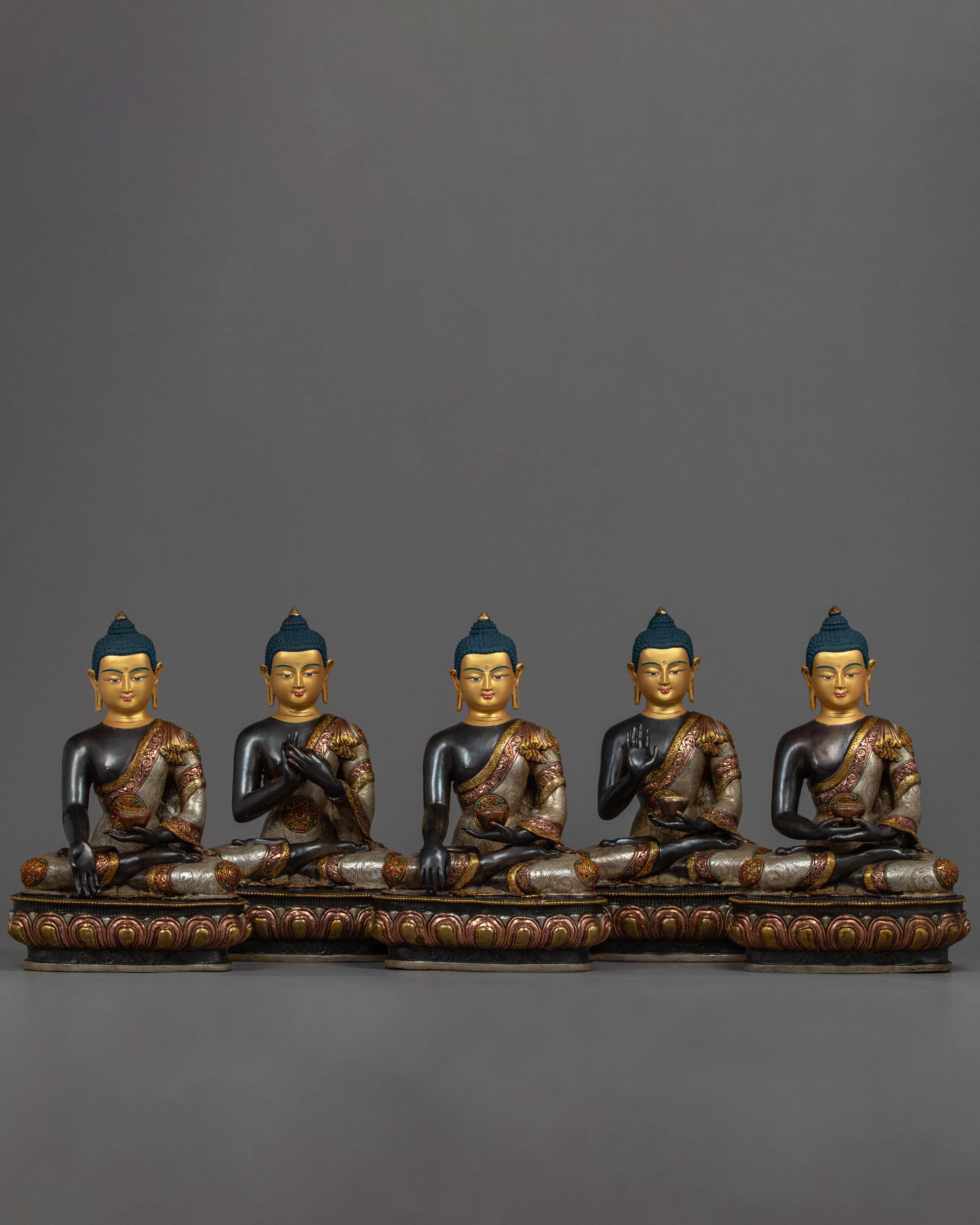 Five Dhyani Buddhas Statue Set | Vairochana | Akshobhya | Ratnasambhav