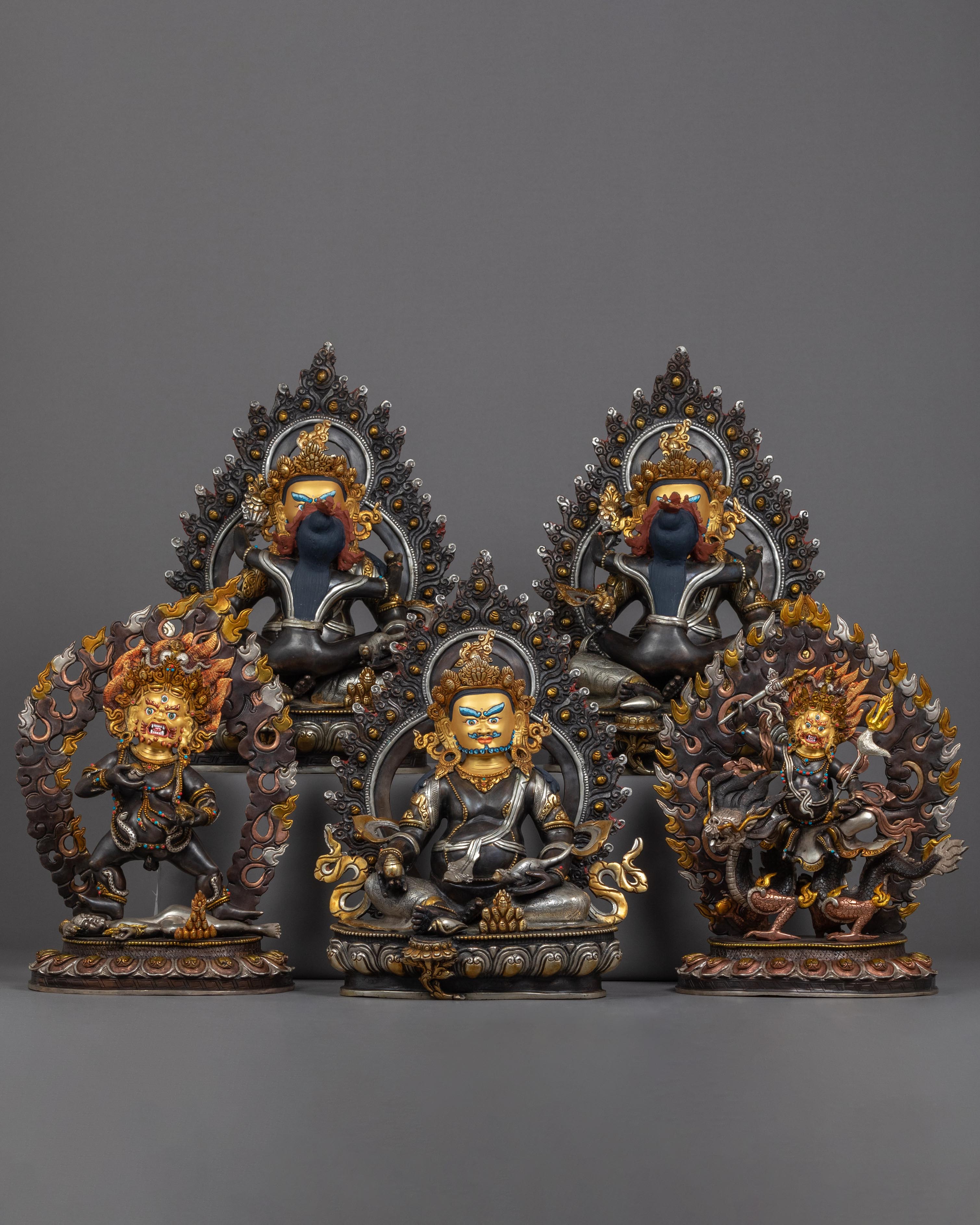 5 Dzambhala Statue Set | Yellow, Red, Green, Black and White Dzambhala