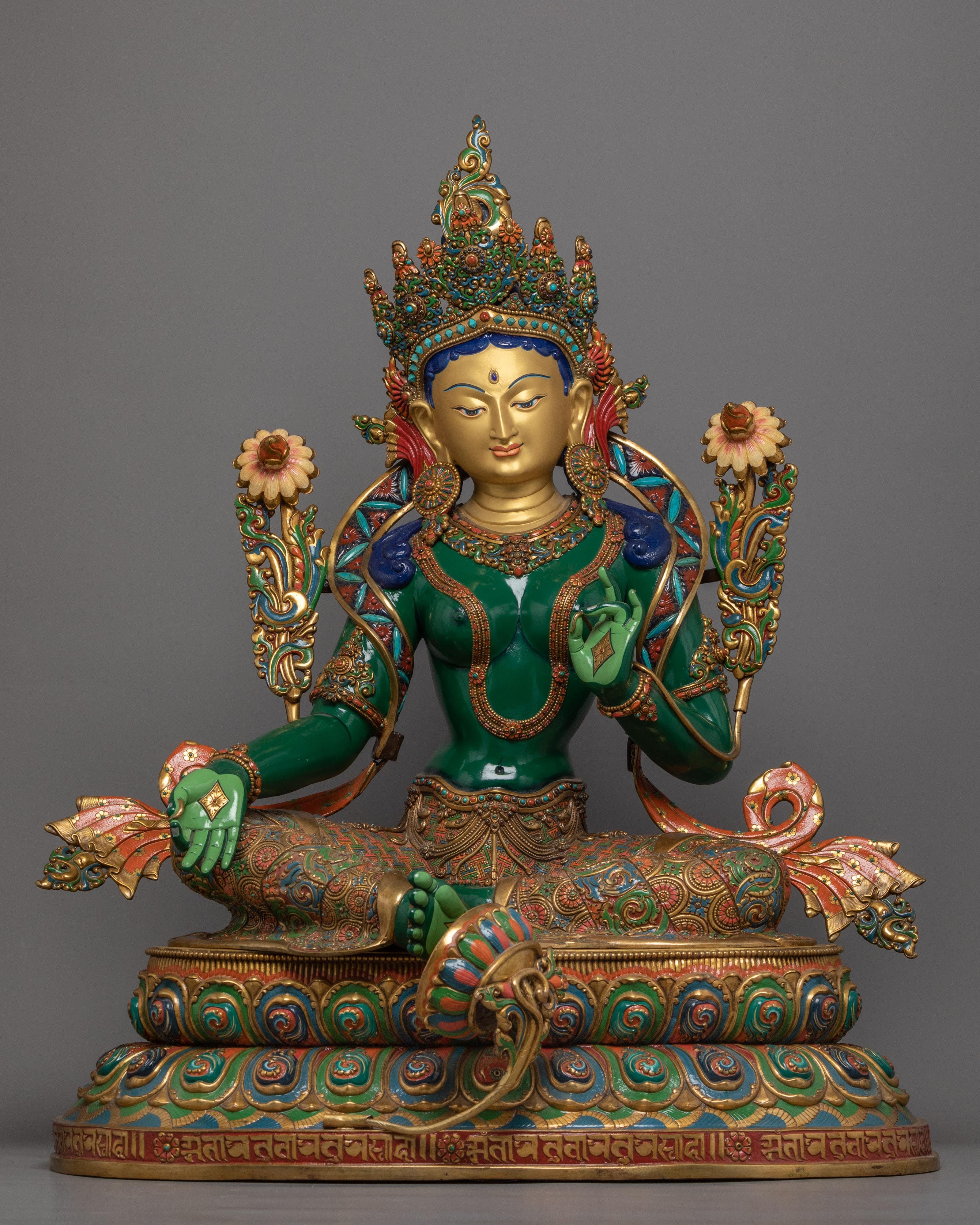 Beautiful Green Tara Statue Gilded in Gold | Traditional Himalayan Bud