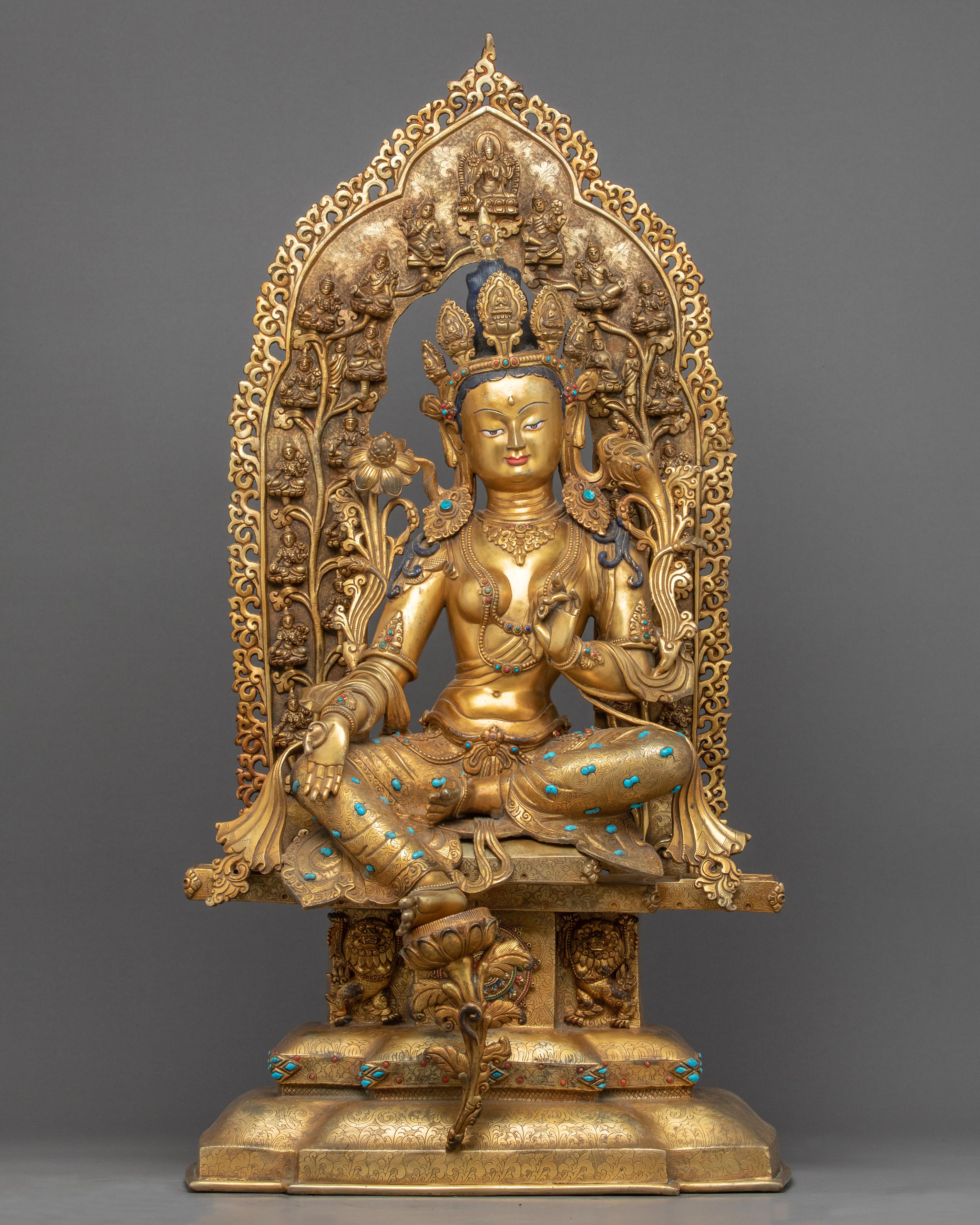 Green Tara Buddha Symbol Statue | 24K Gold Hand Carved Tara On Throne