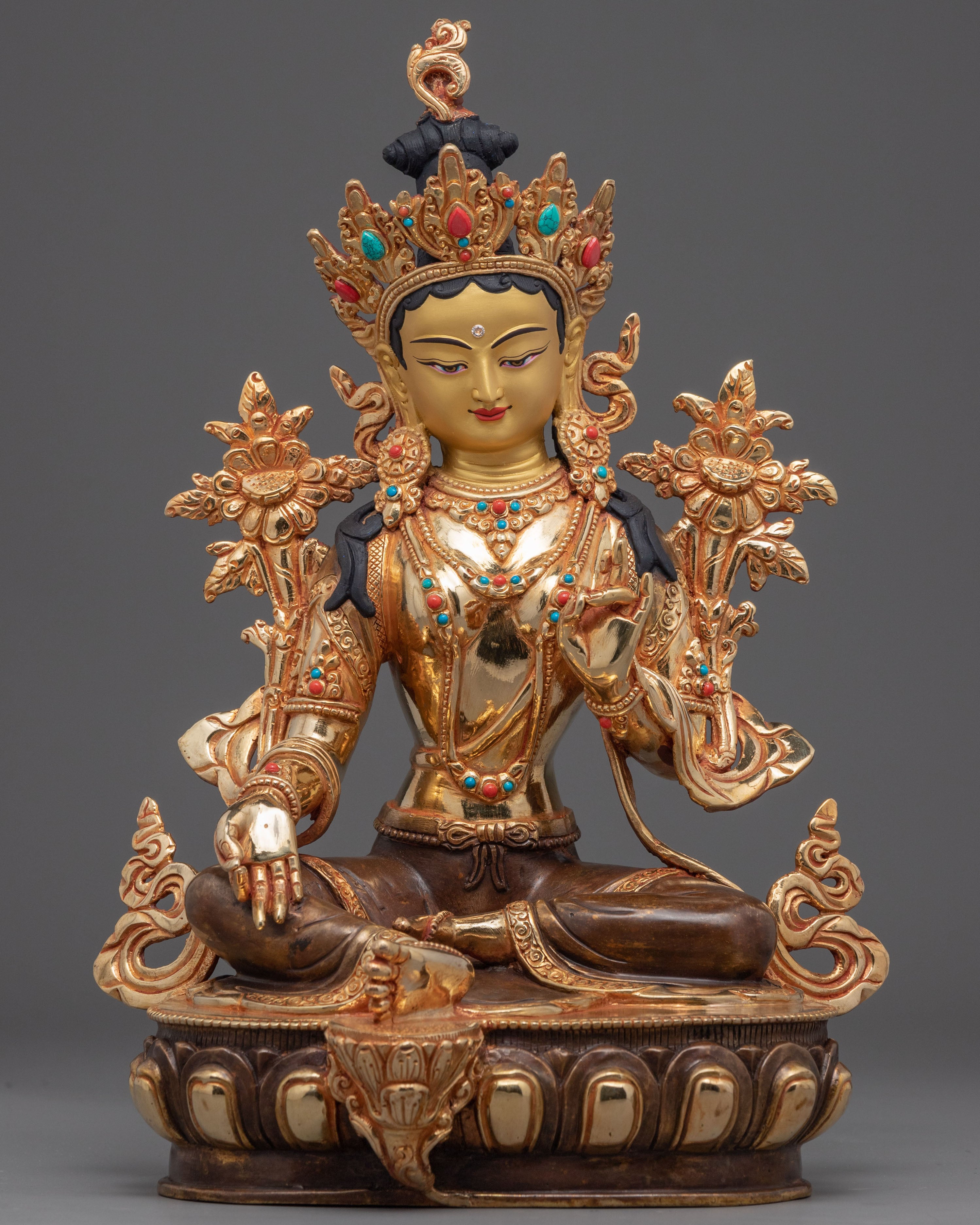 Green Tara Symbol Statuette | Himalayan-Made Religious Golden Statues