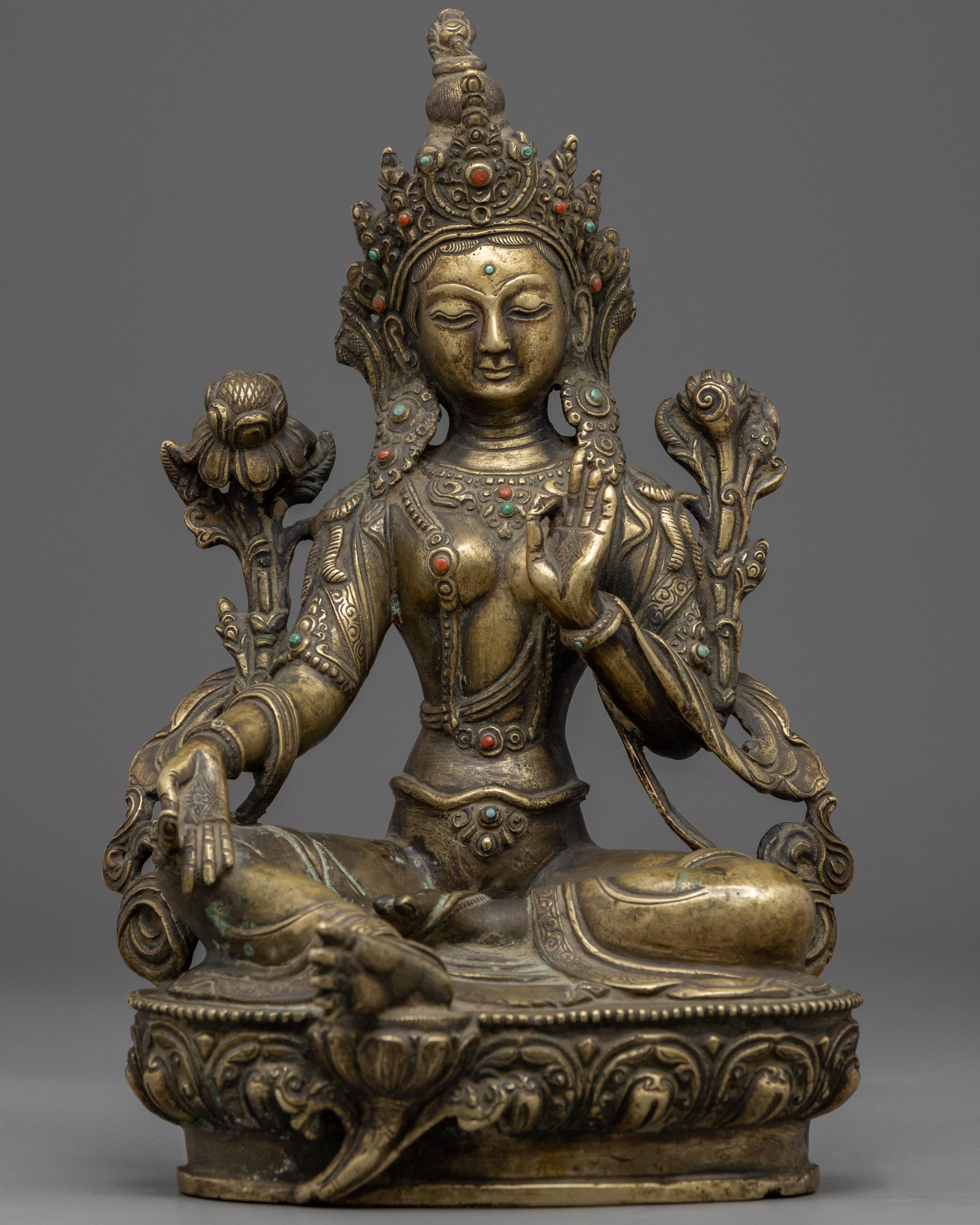 Hand-carved Green Tara Flowers Statue | Antique sculpture of Shyamatar