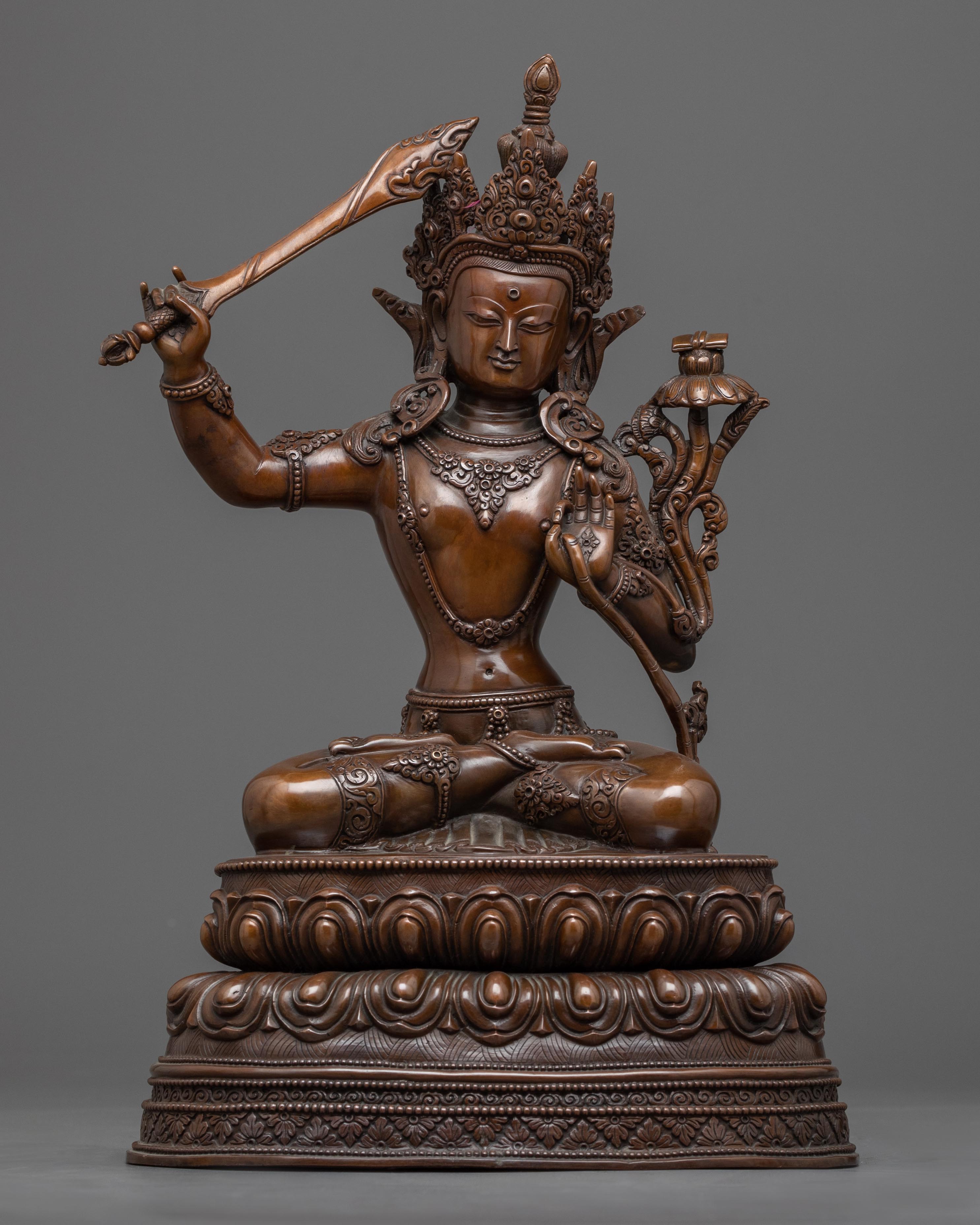 Kadampa Manjushri Bodhisattva Statue | Traditional Oxidized Copper Bud