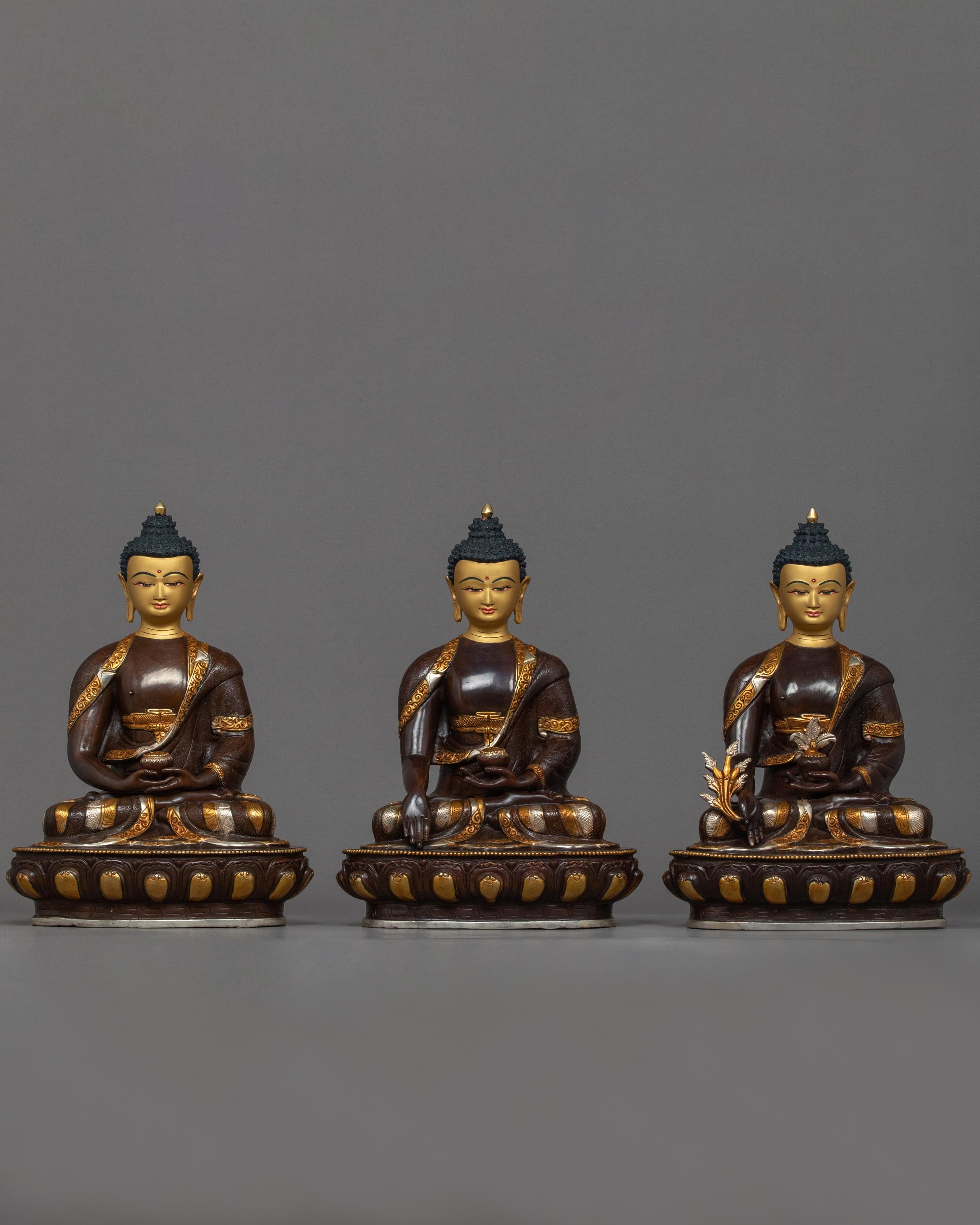 Three Tibetan Buddhas Sculpture | Traditional Gold Gilded Set