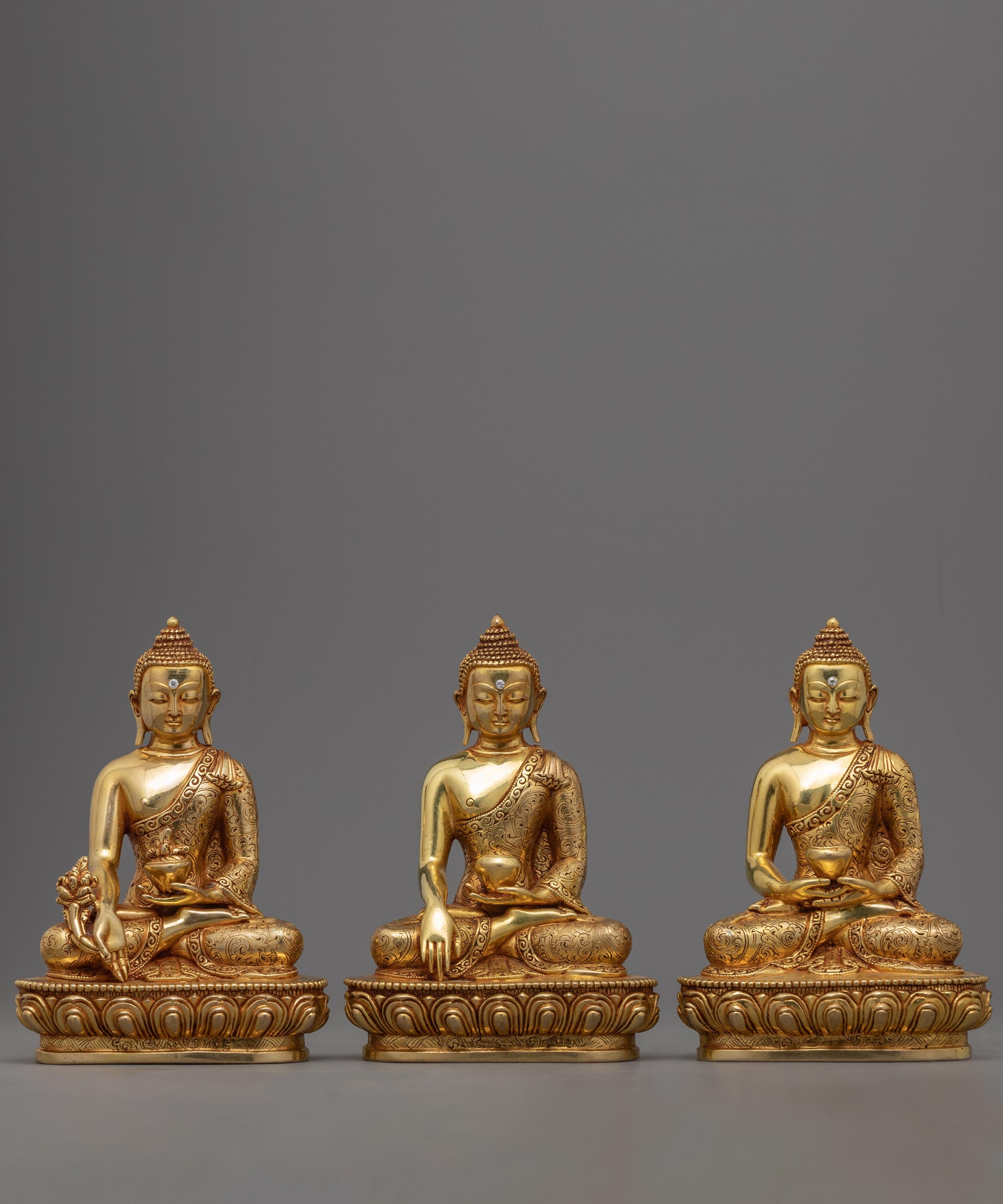 Gold-Gilded Three Buddha Statue Set | Shakyamuni, Amitabha & Medicine
