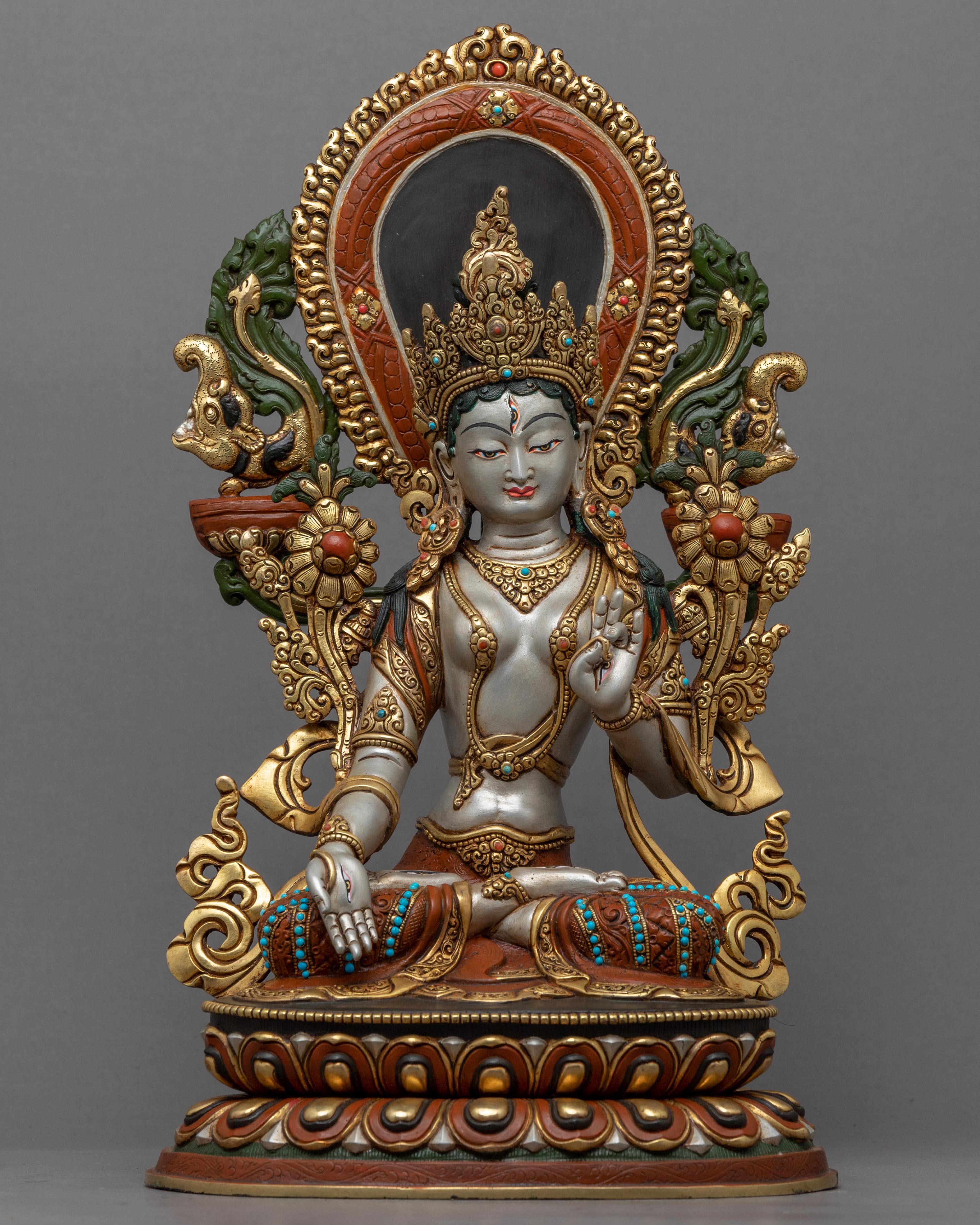 White Tara Symbolism Statue | Tibetan Tara Art Plated with Gold